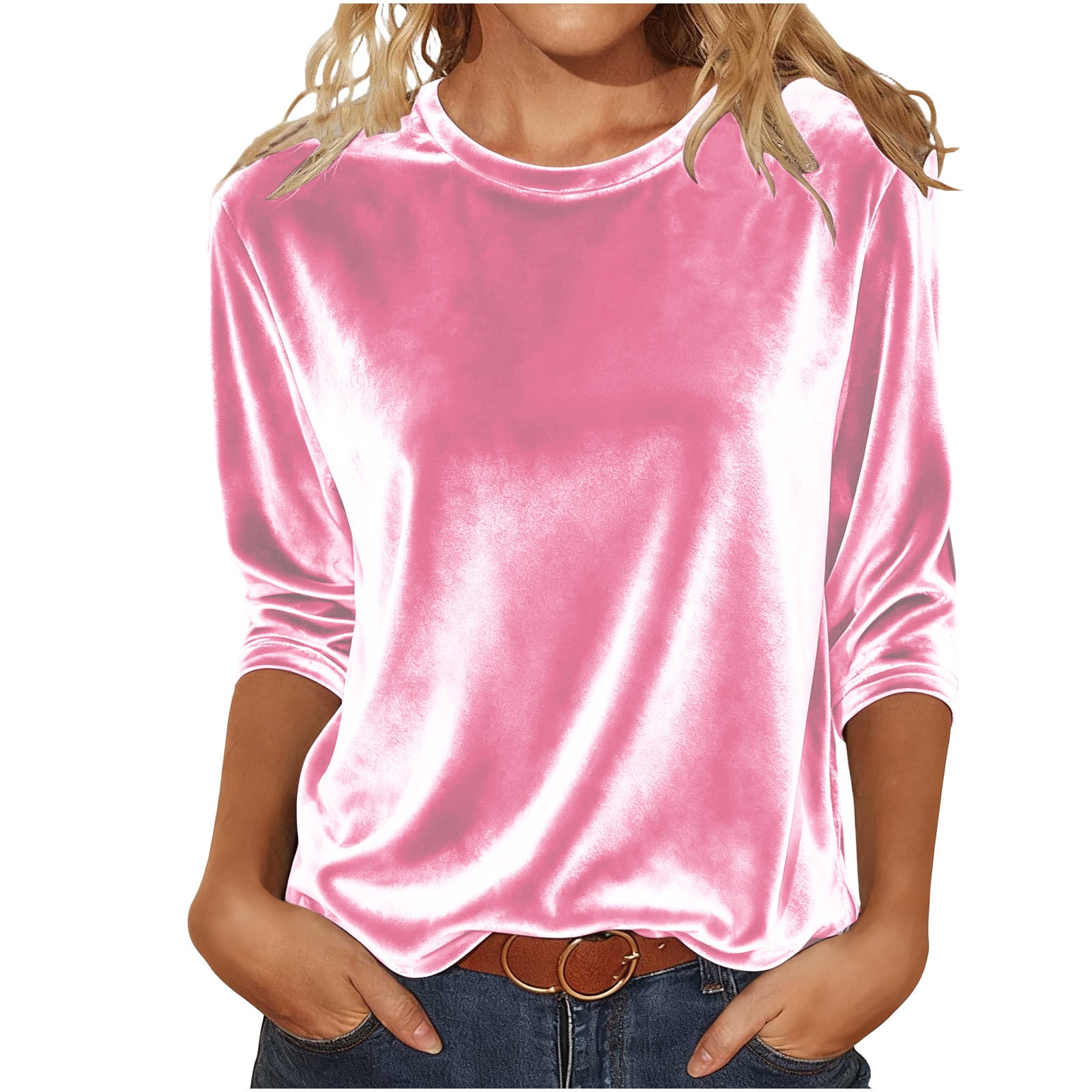 BLVB Womens Velvet Tops Crewneck 3/4 Sleeve Fall Winter Trendy Dressy ...