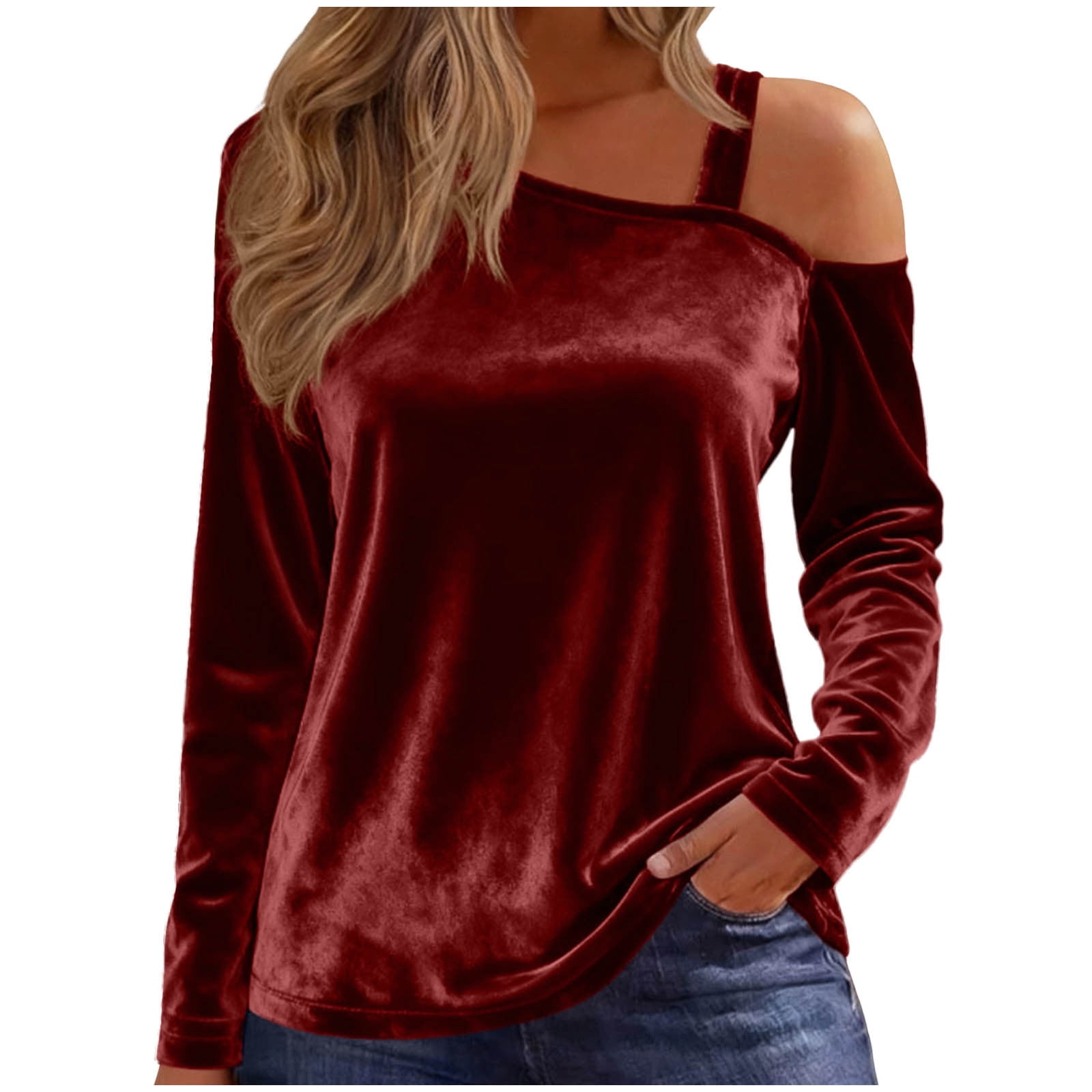 BLVB Womens Velvet Tops Fall Elegant One Shoulder Long Sleeve Blouse ...