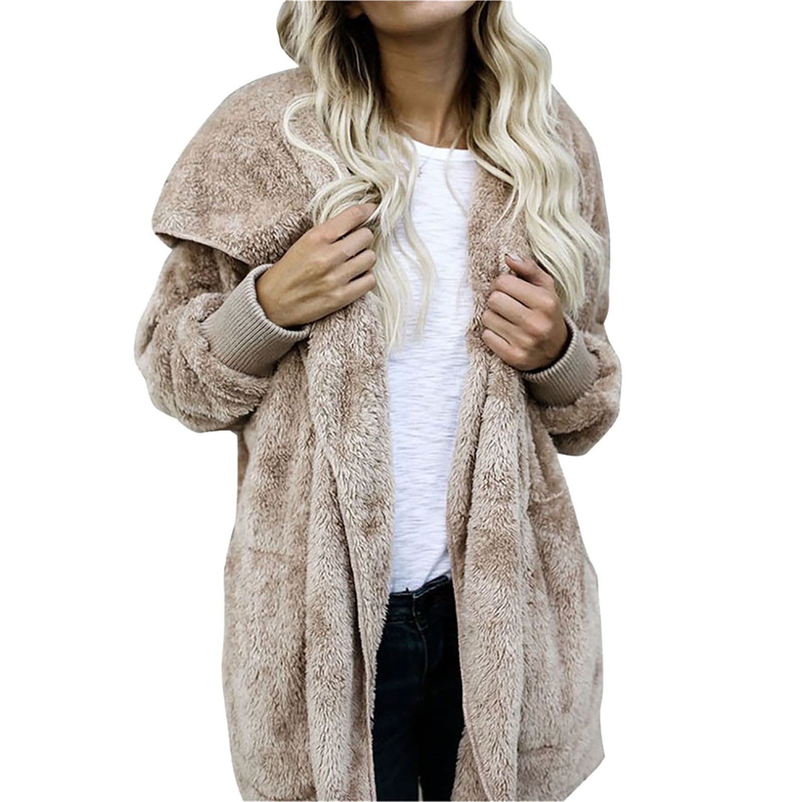 Blvb Womens Winter Warm Hooded Cardigan Fuzzy Jacket Winter Open Front Plush Fluffy Cozy Coat
