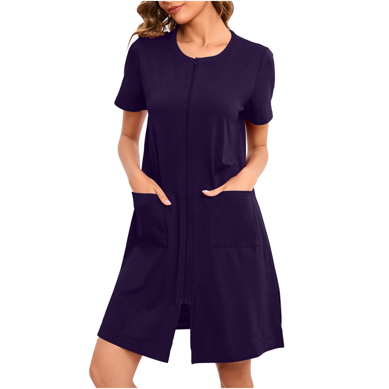 BLVB Zip up Robes for Women Short Sleeves Comfy Zipper House Coat Short ...