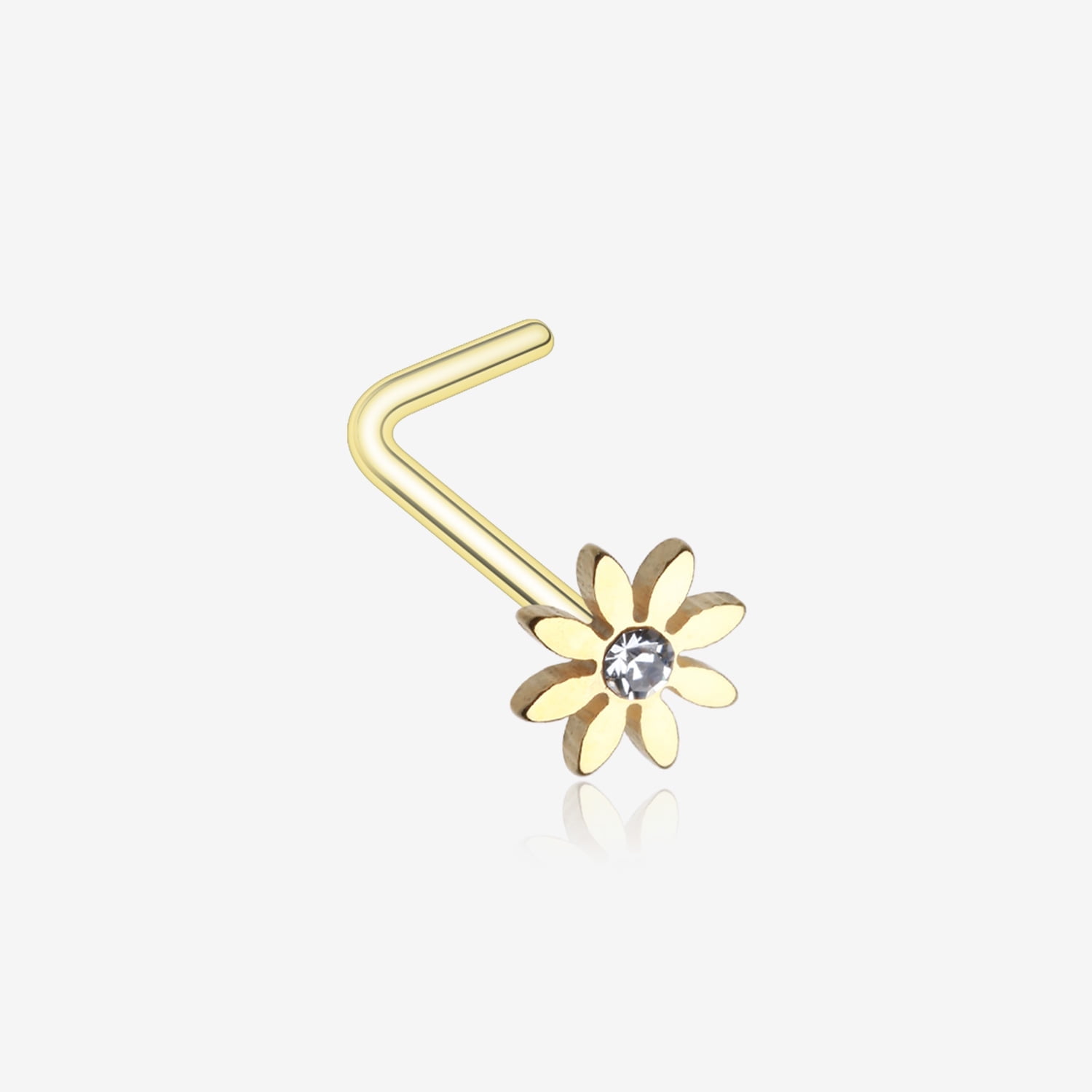 BM25 Golden Cutesy Daisy Flower Sparkle L-Shaped Nose Ring-Clear Gem ...
