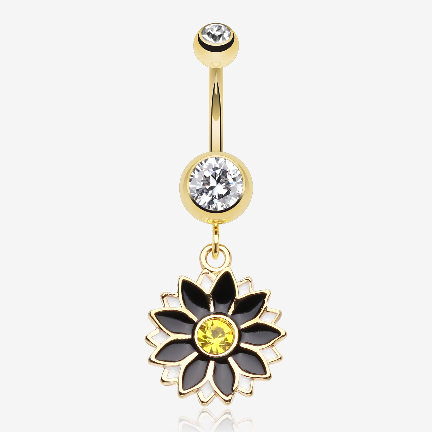BM25 Golden Daisy Blossom Flower Belly Button Ring-Clear/Black ...