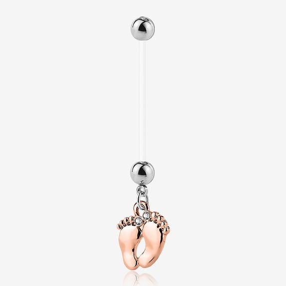 BM25 Rose Gold Baby Feet Sparkle Dangle Bio-Flex Pregnancy Belly Button ...