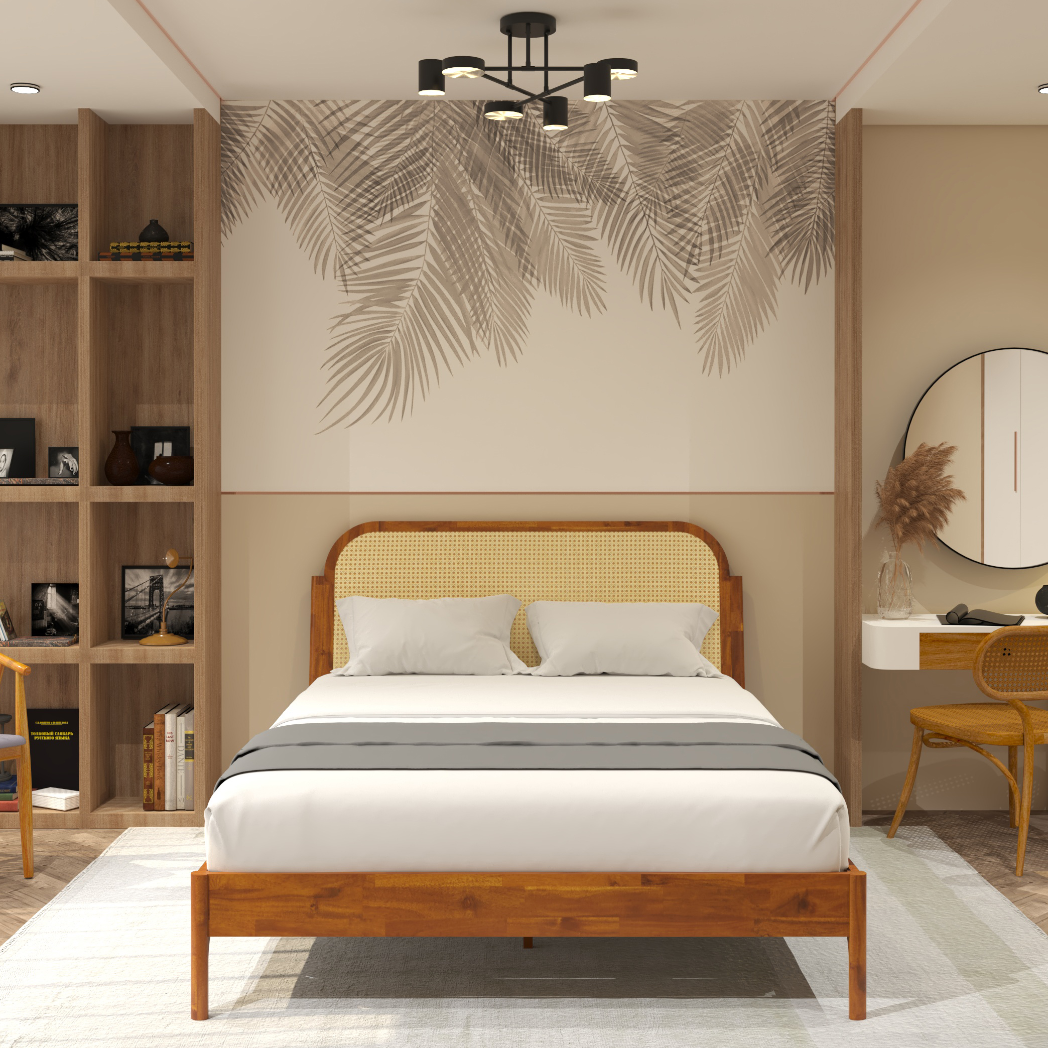 BME Aurous 43" Queen Platform Bed Frame, Rattan Headboard, Bohemian Style, Solid Wood, Caramel ...