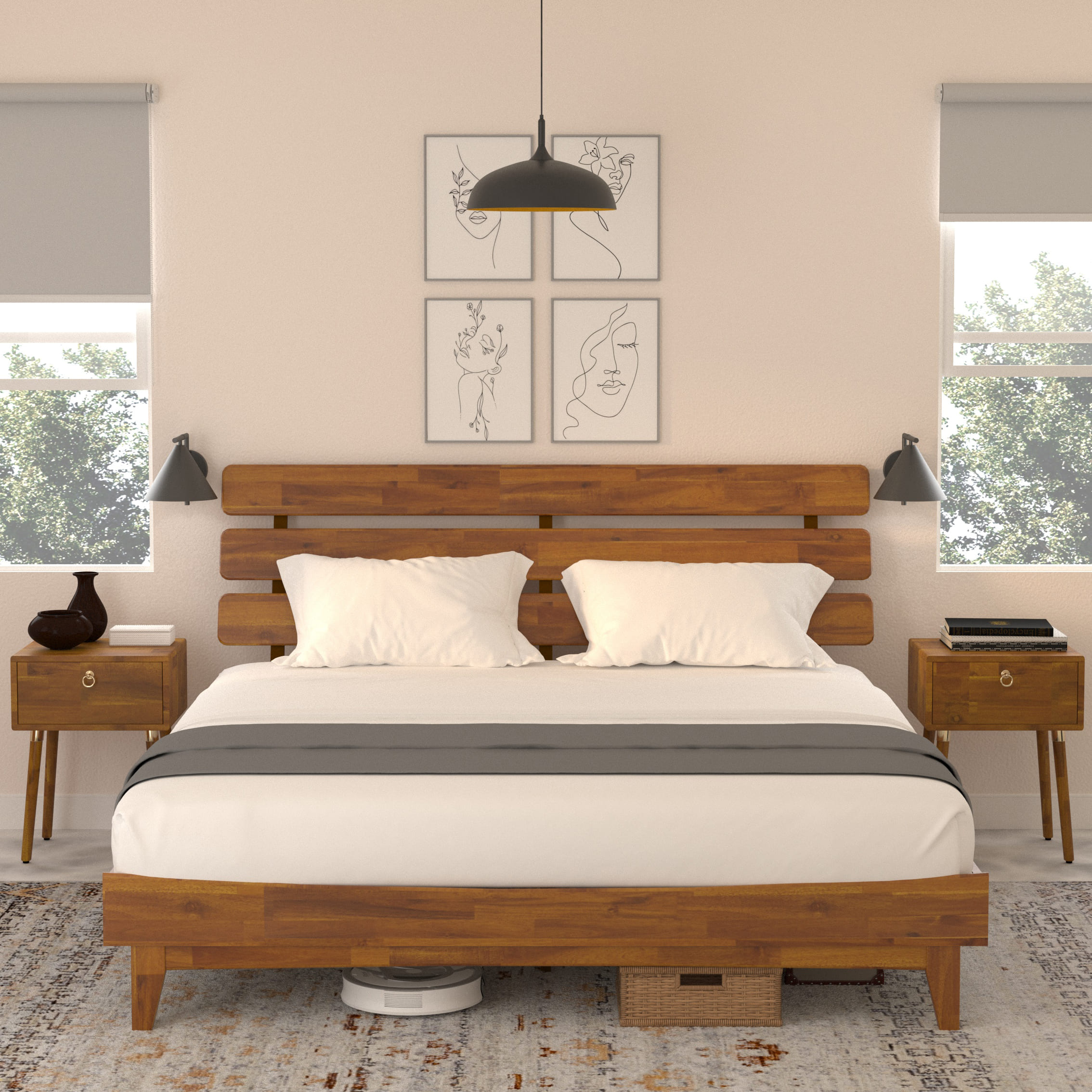BME Aurous 43" King Platform Bed Frame, Rattan Headboard, Bohemian ...