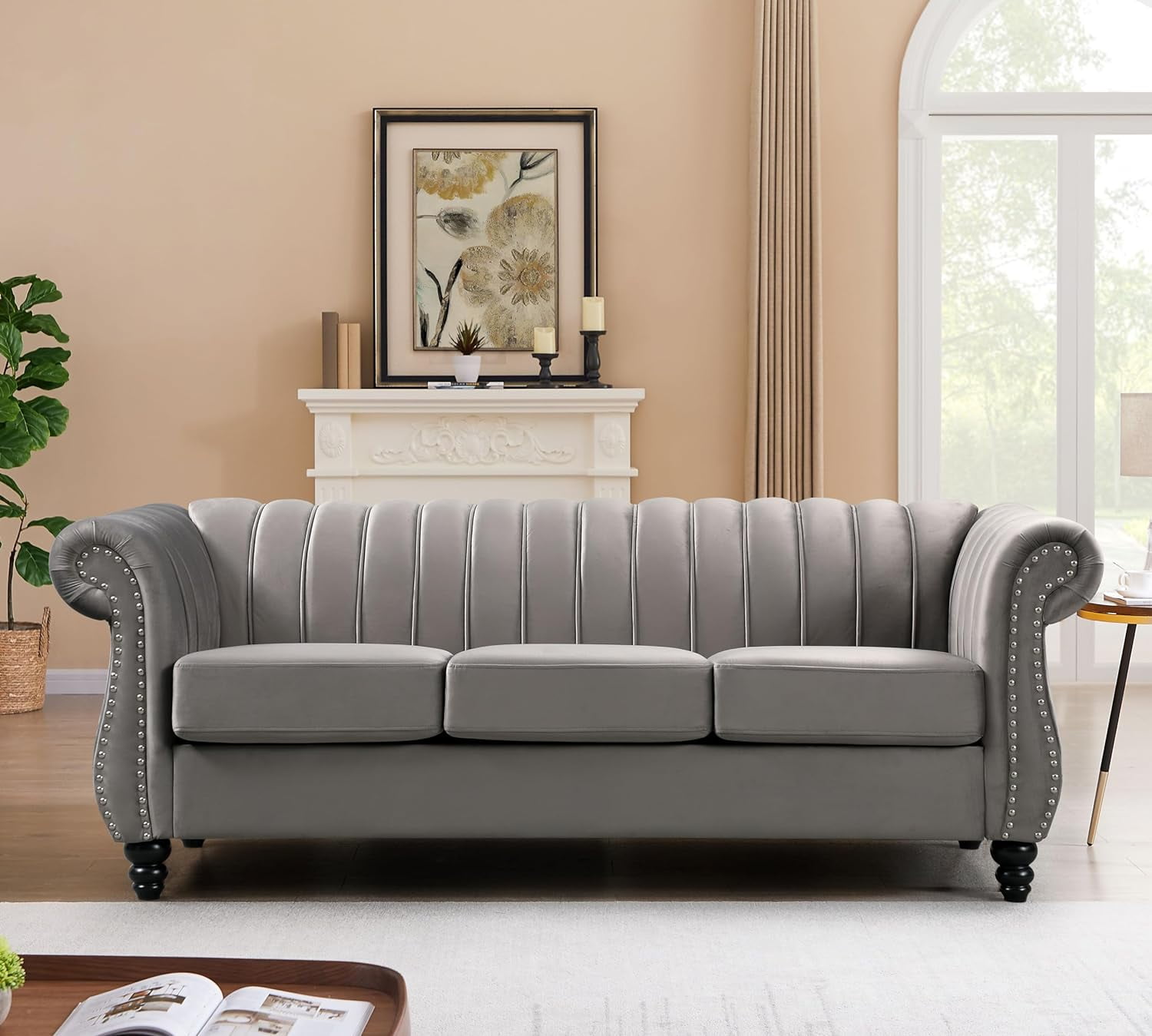 BMMB Chesterfield 3 Seater Velvet Sofa, Nailhead Decor, Solid Wood ...