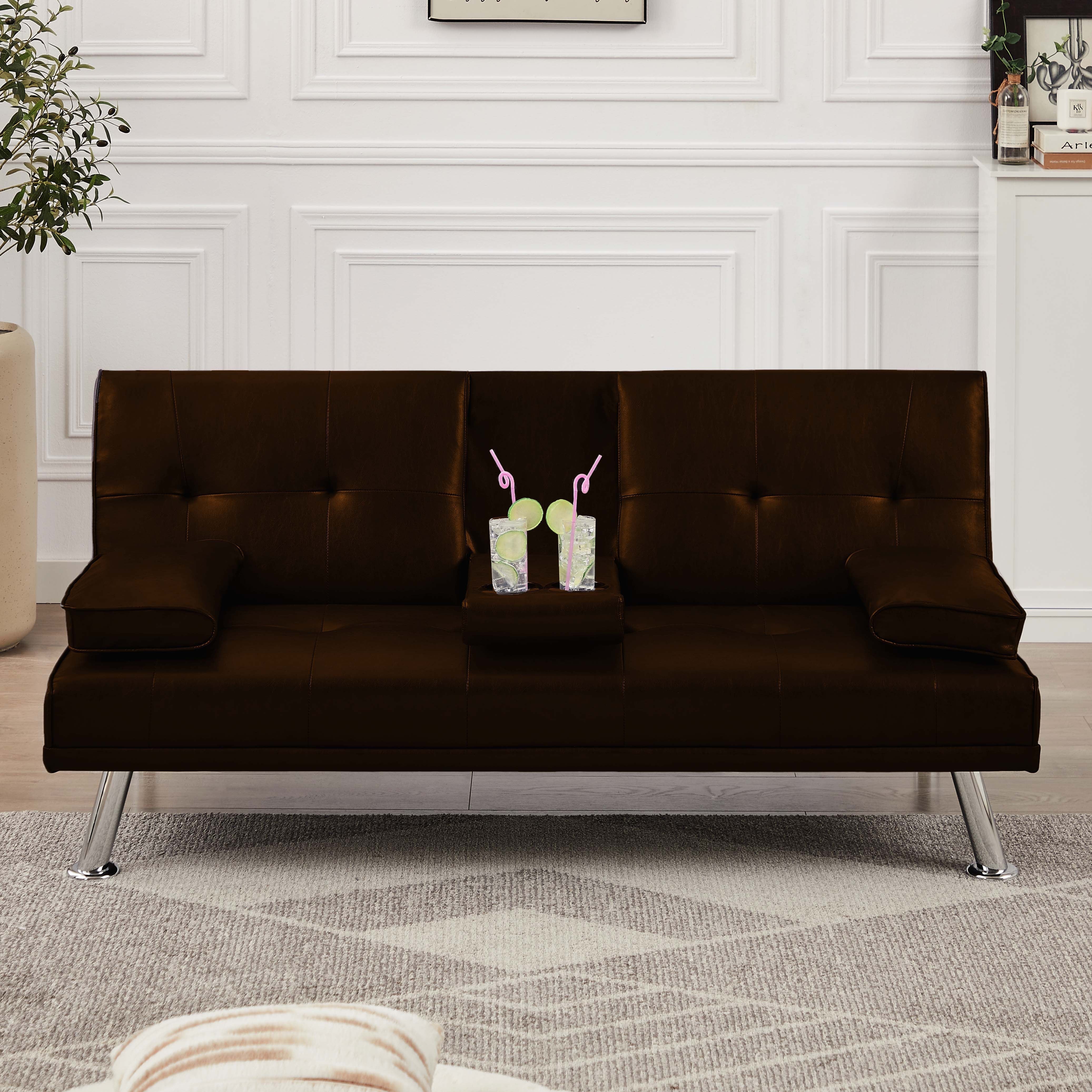 BMMB PU Leather Convertible Futon Sofa Bed with Cupholder Armrests for ...