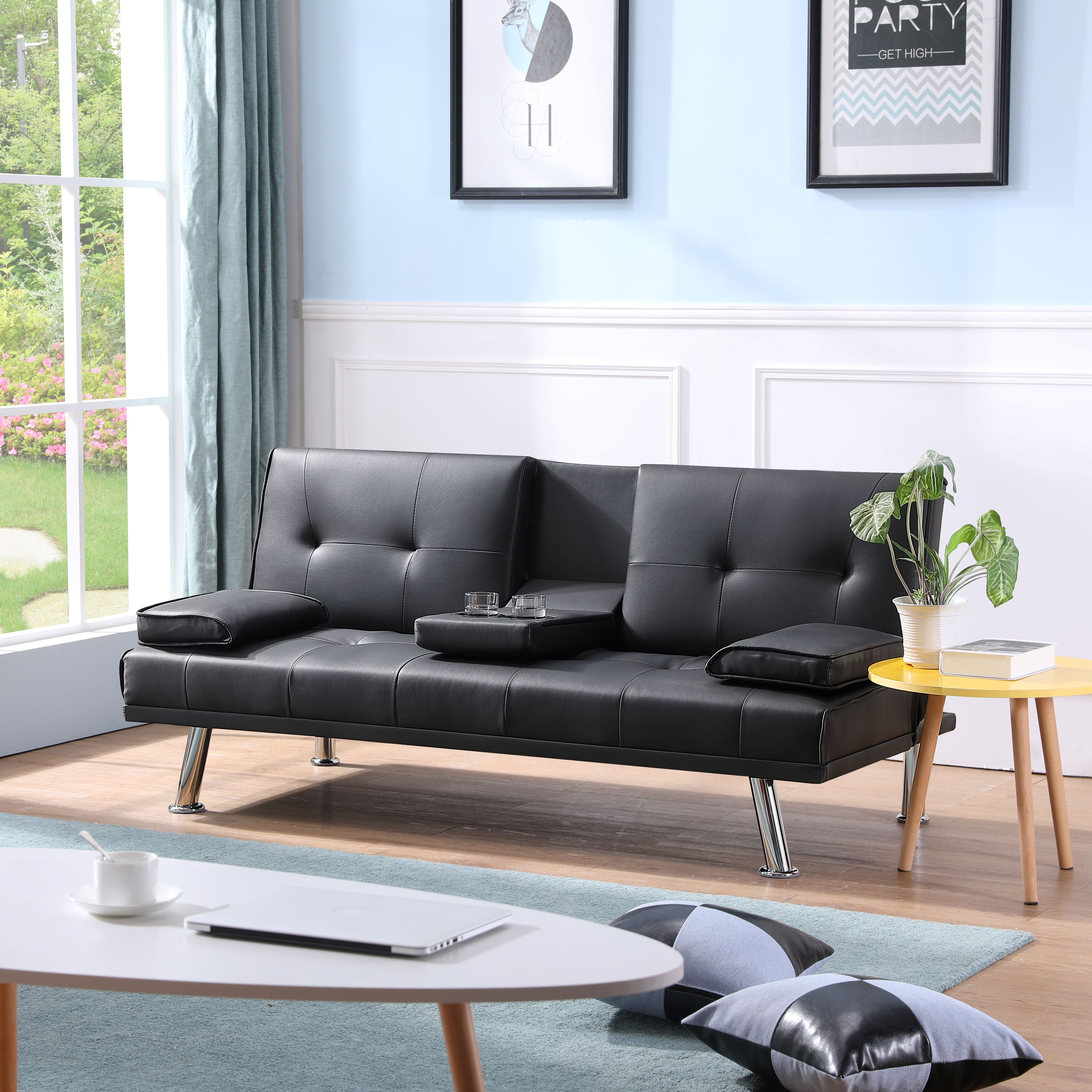 BMMB PU Leather Convertible Futon Sofa Bed Upholstered Modern Sleeper ...