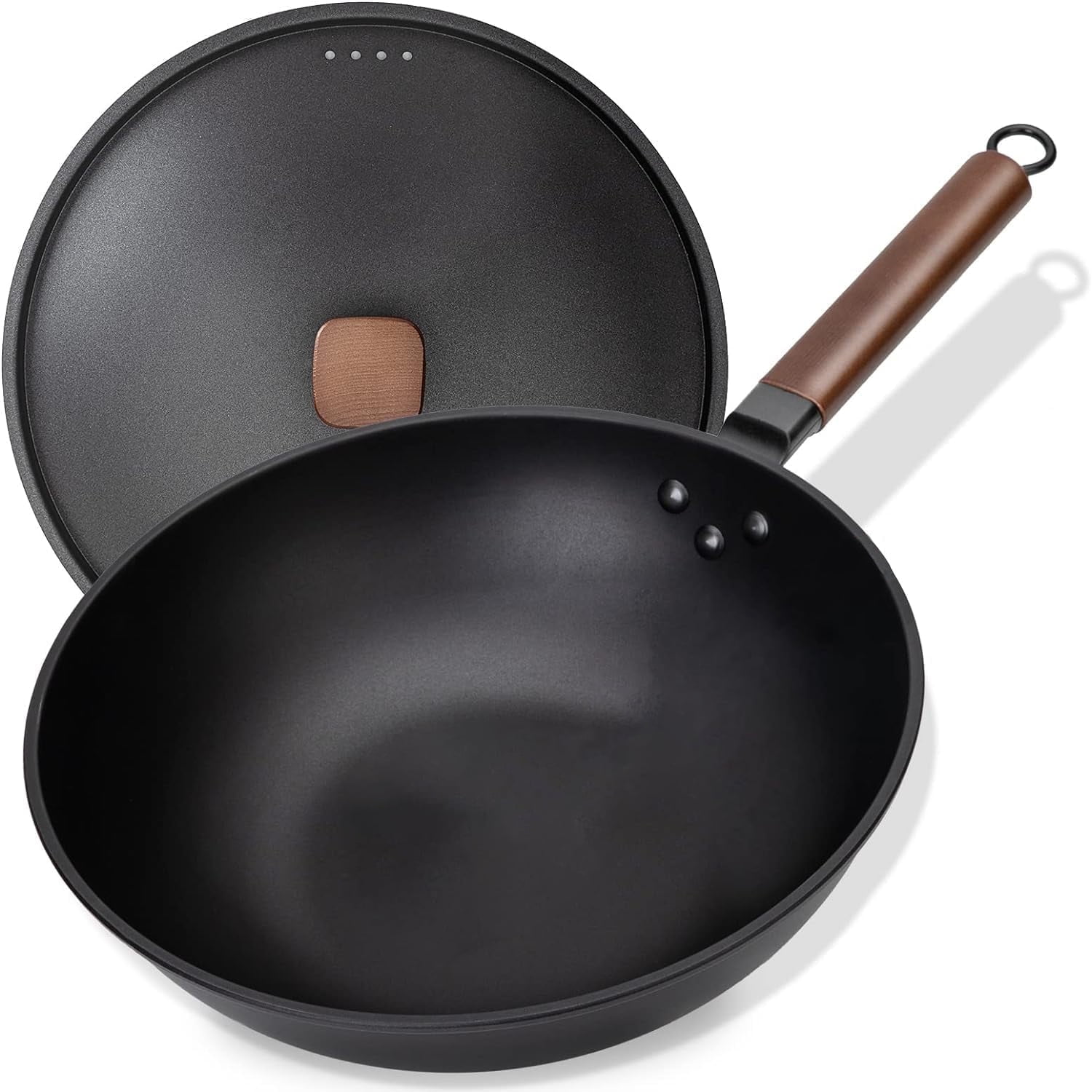 BN-LINK 12.5" Iron Wok Pan, Fry Pan With Domed Lid, No Chemical Coated ...