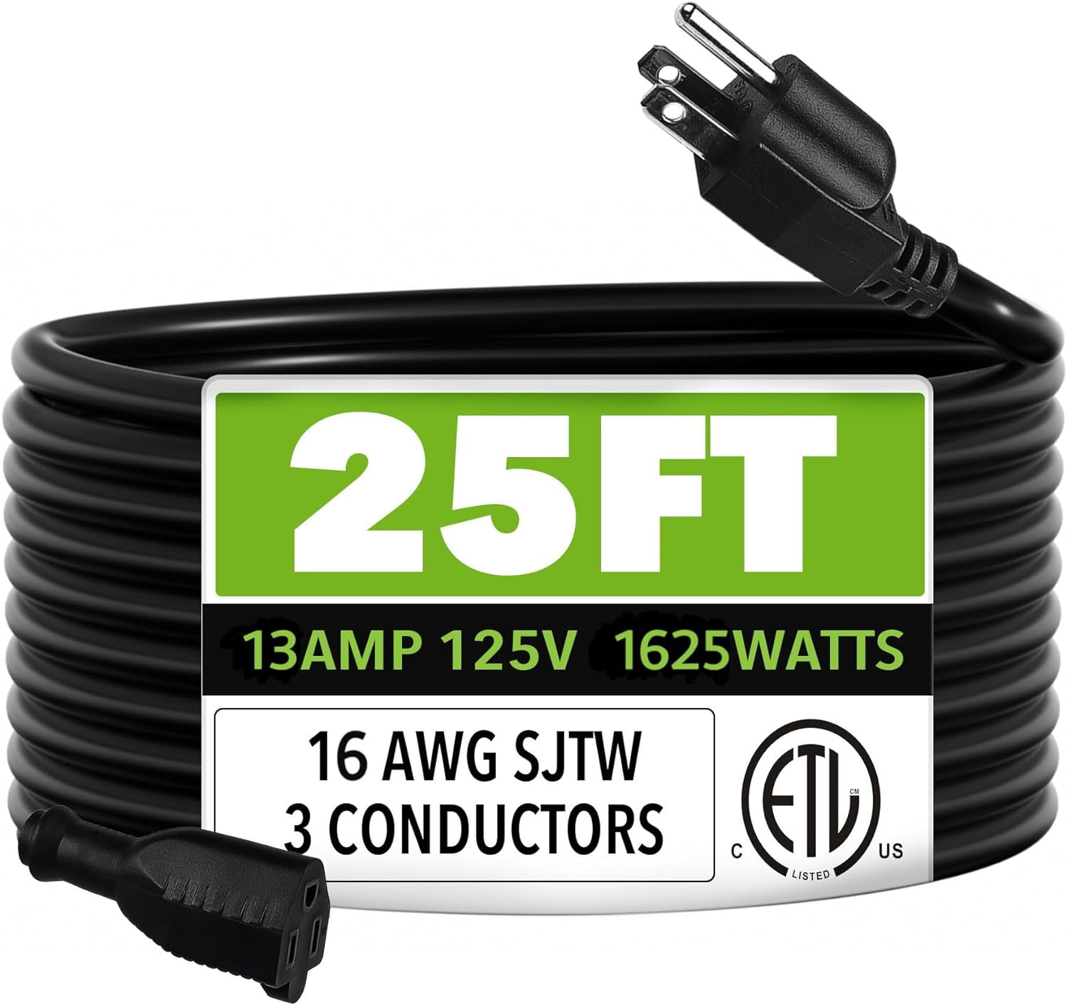 BN-LINK 25 ft Outdoor Extension Cord 16/3 SJTW, Black, PVC Cable Jacket ...
