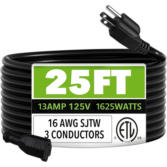 BN-LINK 25 ft Outdoor Extension Cord, Weatherproof, 16/3 SJTW, 3-Prong, Flame Retardant, 13A ...
