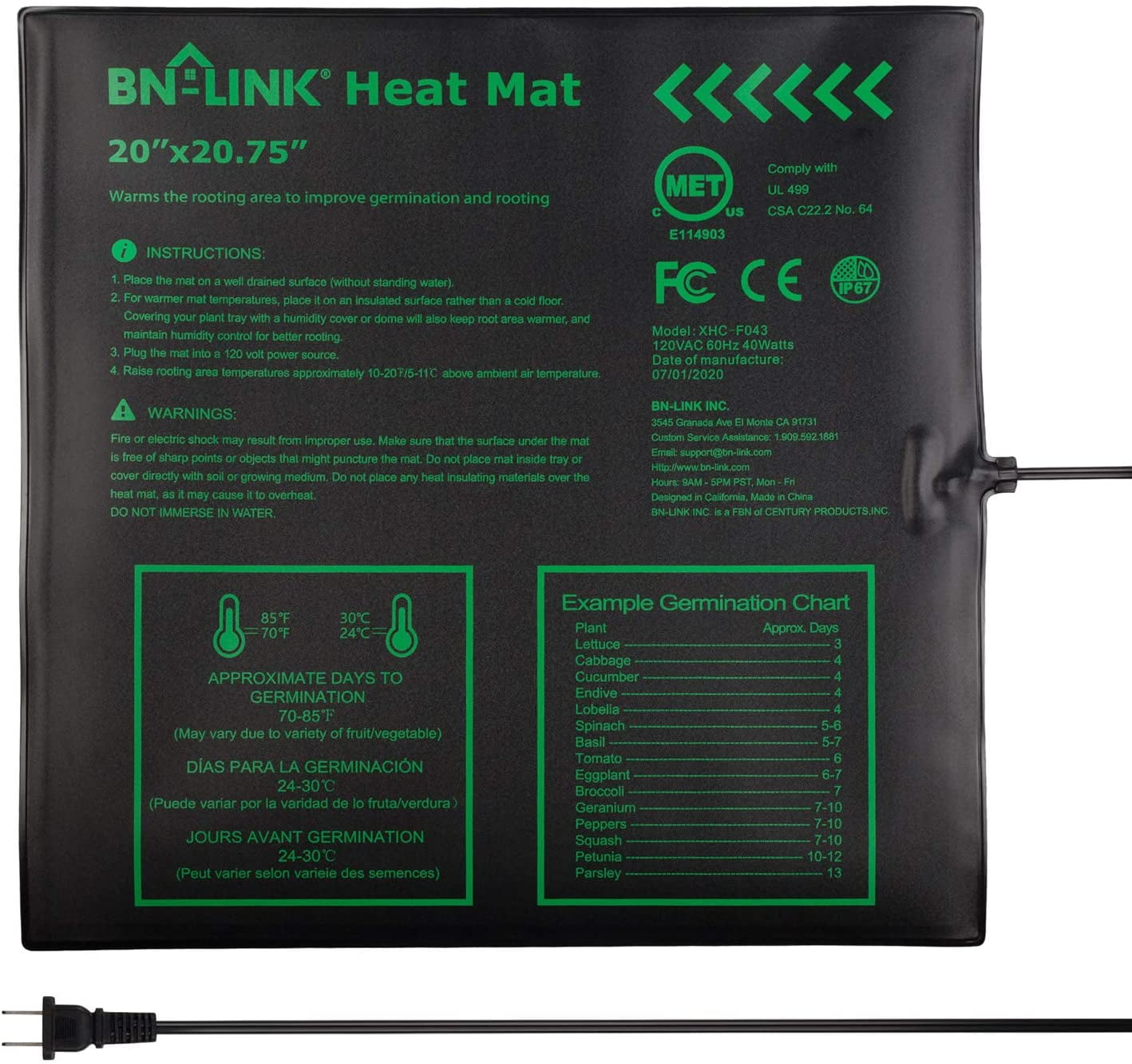 "BN-LINK Durable Seedling Heat Mat, Waterproof Hydroponic Pad, 20"" x ...