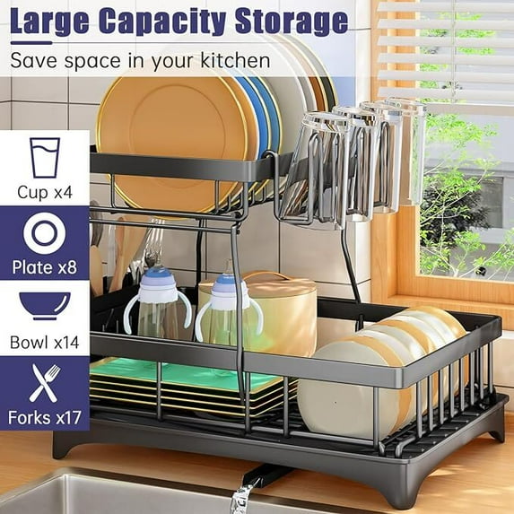 BNDFTF 2 Tier Over The Sink Dish Drying Rack, Kitchen Dish Drainers with Rotatable Drain Spout ...