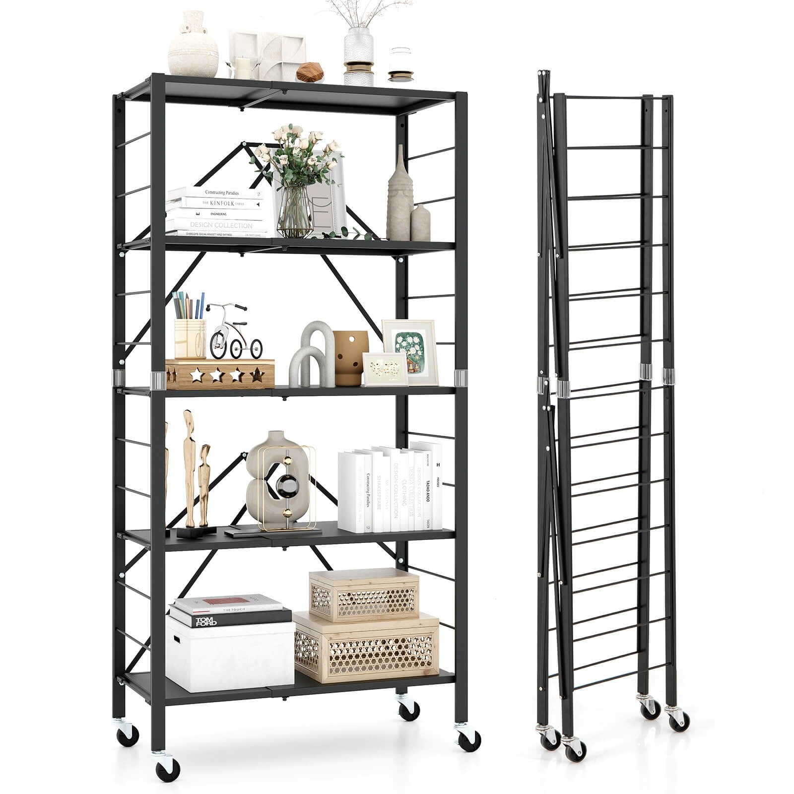 BNDFTF black folding metal 5-layer storage rack 30 × 13.5 × 60.5 inches ...