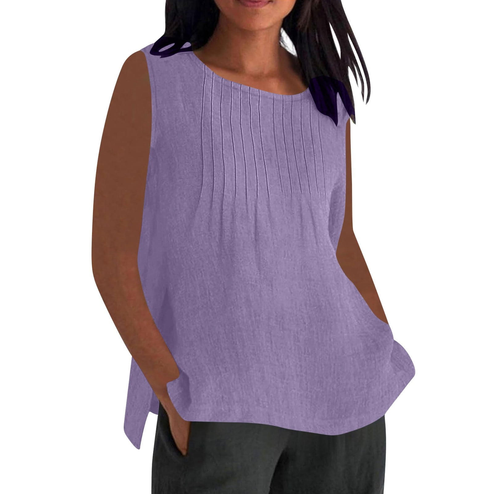 BNI Linen Tank Tops for Women Cotton Gauze Crewneck Pleated Front ...