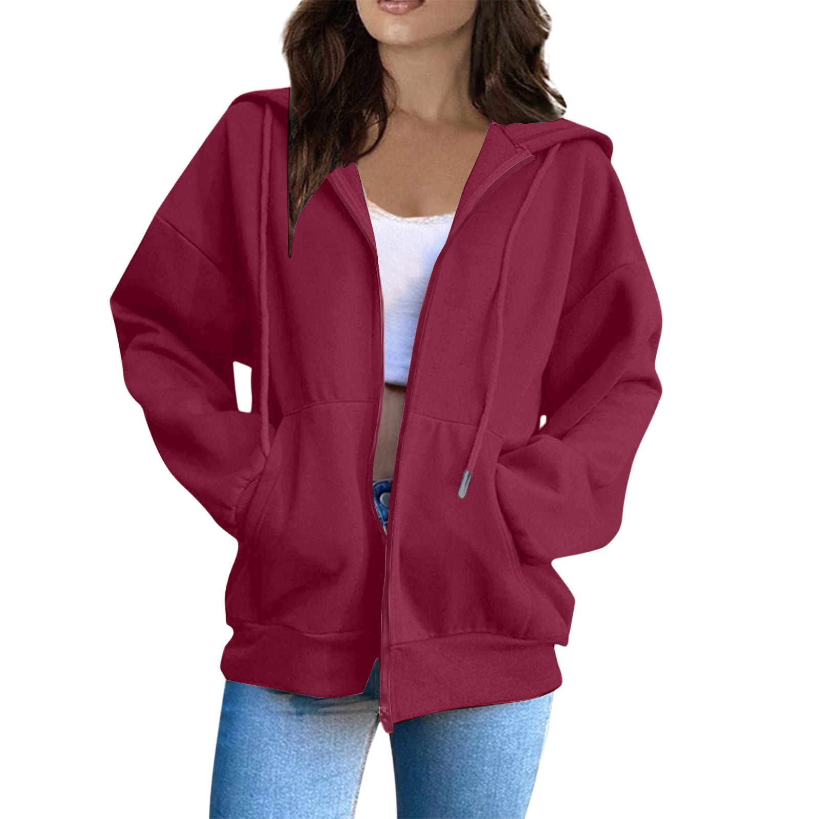 BNI Women's Loose Fit Hooded Zip Up Sweatshirt Casual Versatile Cardigan Solid Color Jackets ...