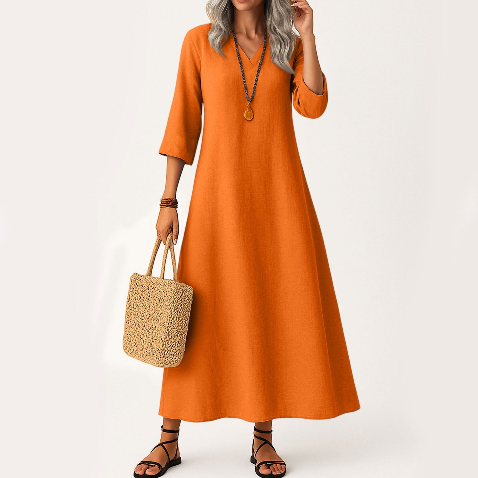 BNI Womens Casual Dresses,Mid Length Solid Color V-Neck 3/4 Sleeve ...