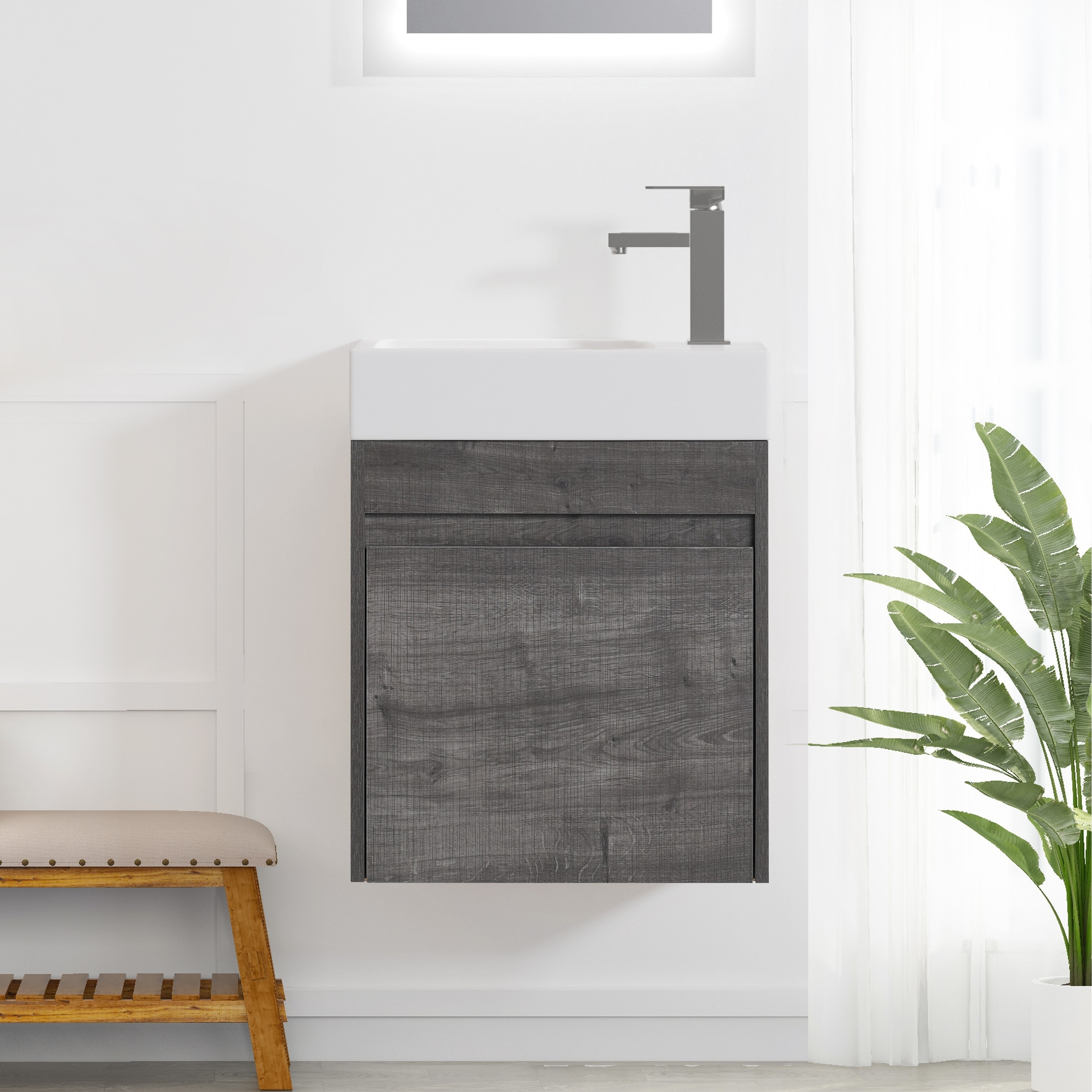 BNK 16/18 Inch Single Sink Bathroom Vanity with Soft Close Door Plaid Grey Oak 18.1"Wx10.2"Dx22 ...