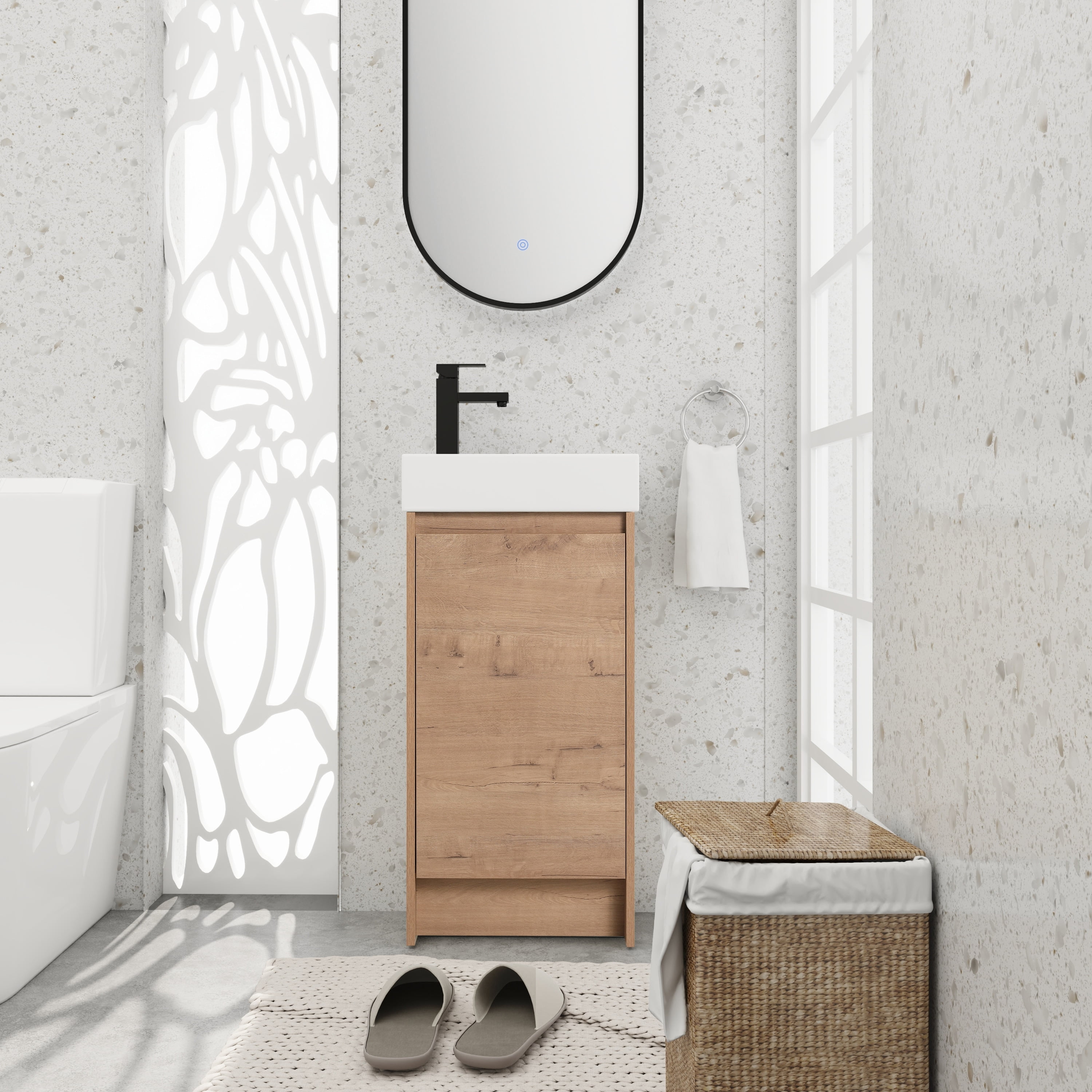 BNK 16/18 inch Freestanding Bathroom Vanity with Single Sink and Soft Close Door Imitative Oak ...