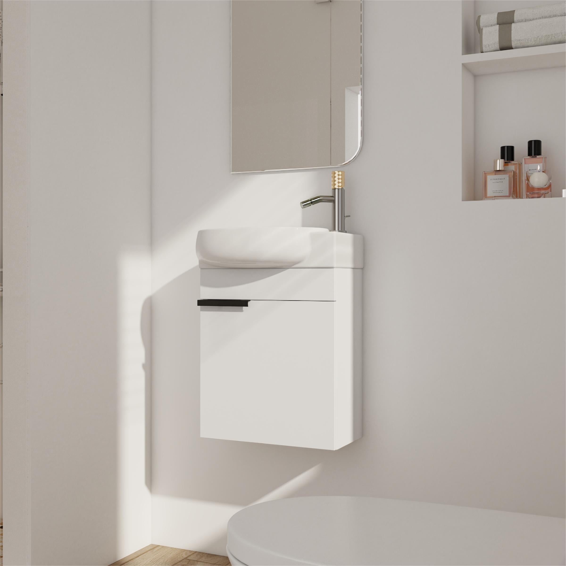 BNK 16 Inch Wall-Mounted Bathroom Vanity with White Ceramic Sink, Modern Floating Bathroom ...