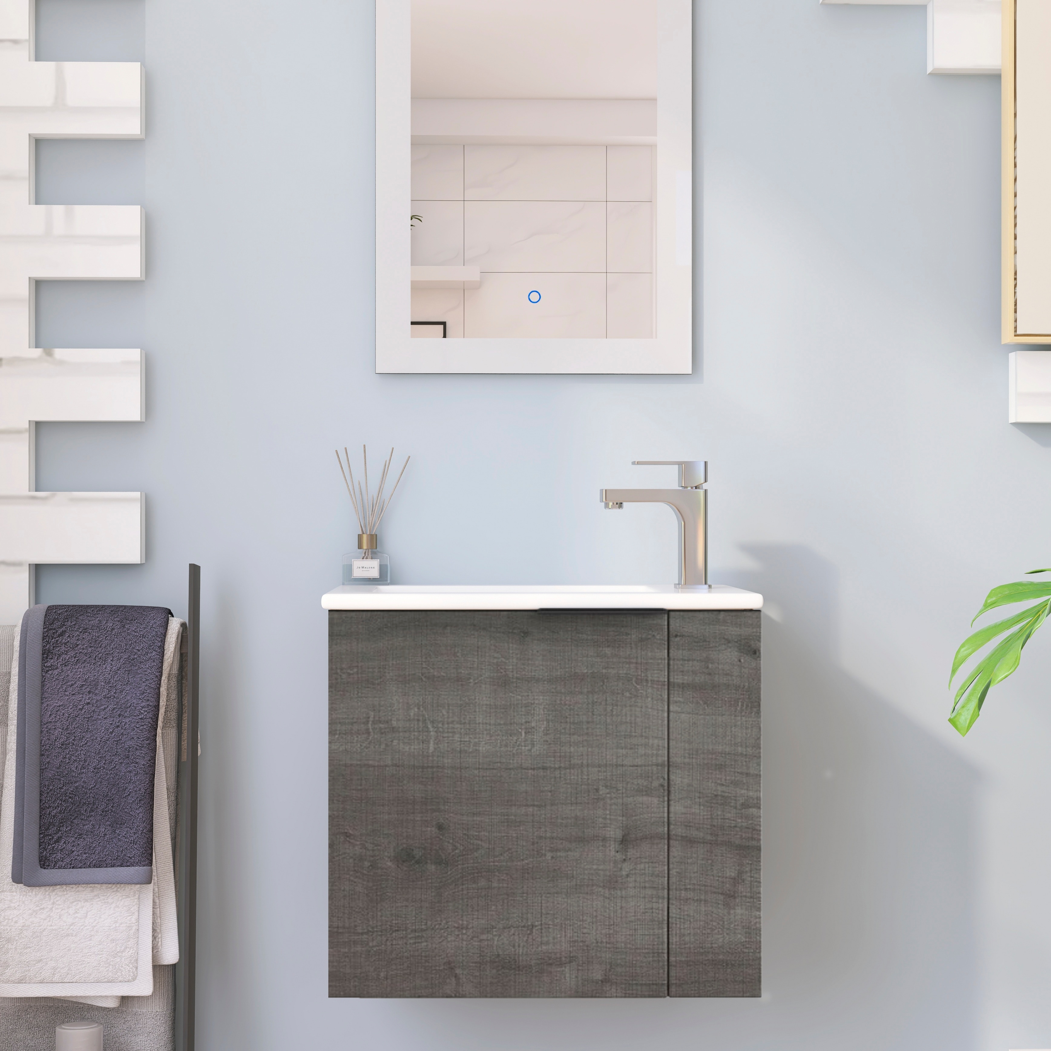 BNK 22 inch Floating Bathroom Vanity with Sink Plaid Grey Oak Oak ...