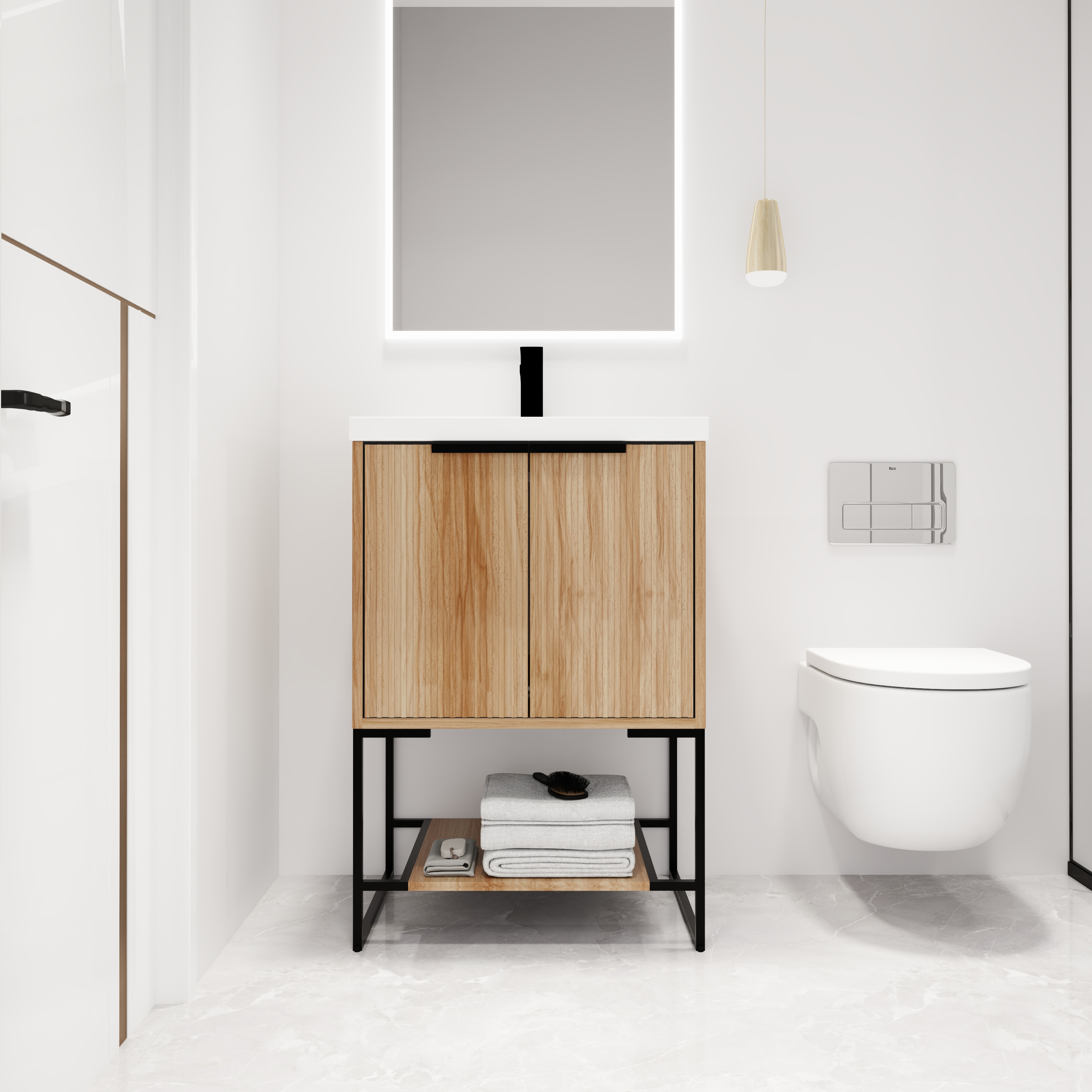 BNK 24 Inch Freestanding Bathroom Vanity with White Resin Basin Sink, Modern Floor Standing ...