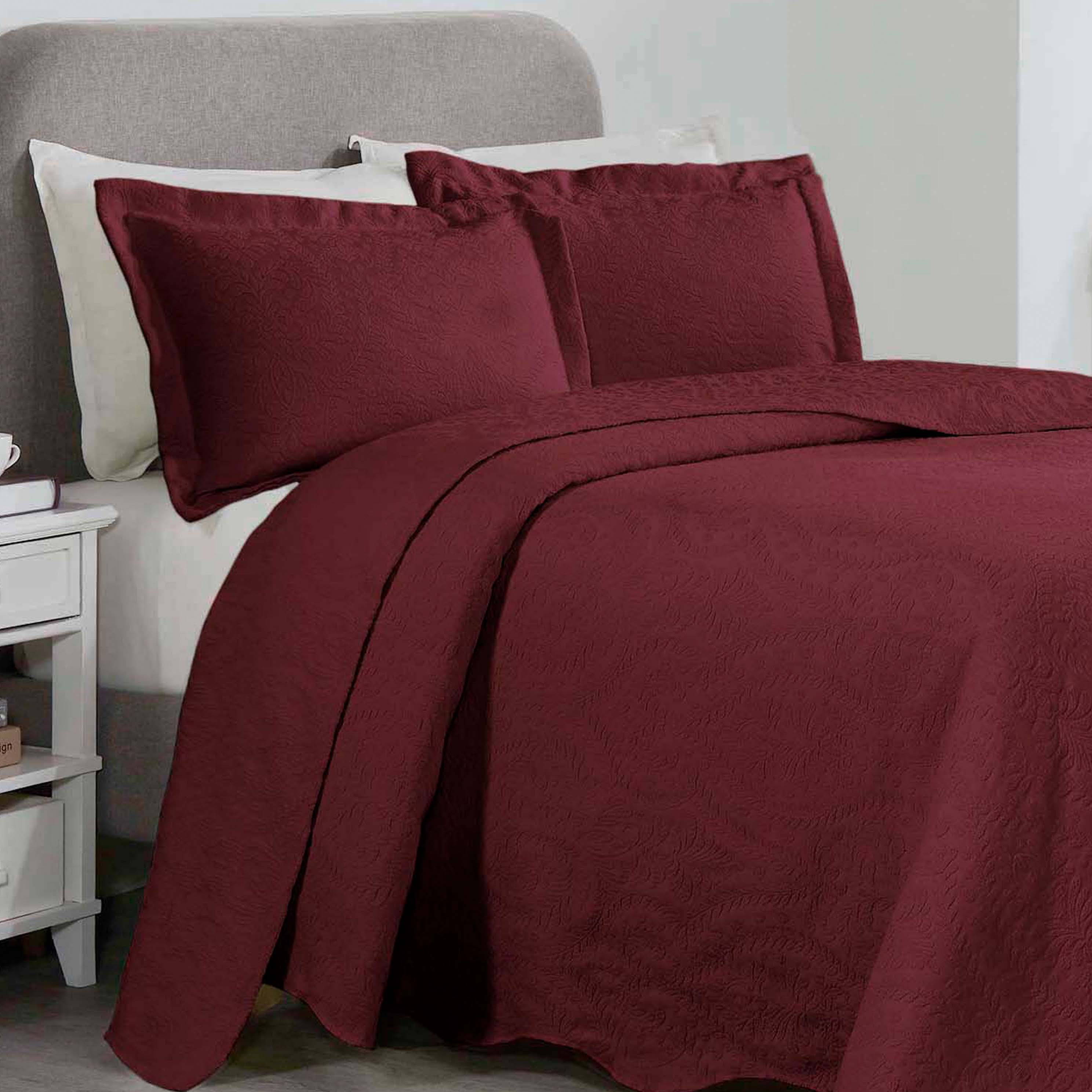 BNM 3 Piece Floral Cotton Blend Burgundy Bedspread Set, Full - Walmart.com