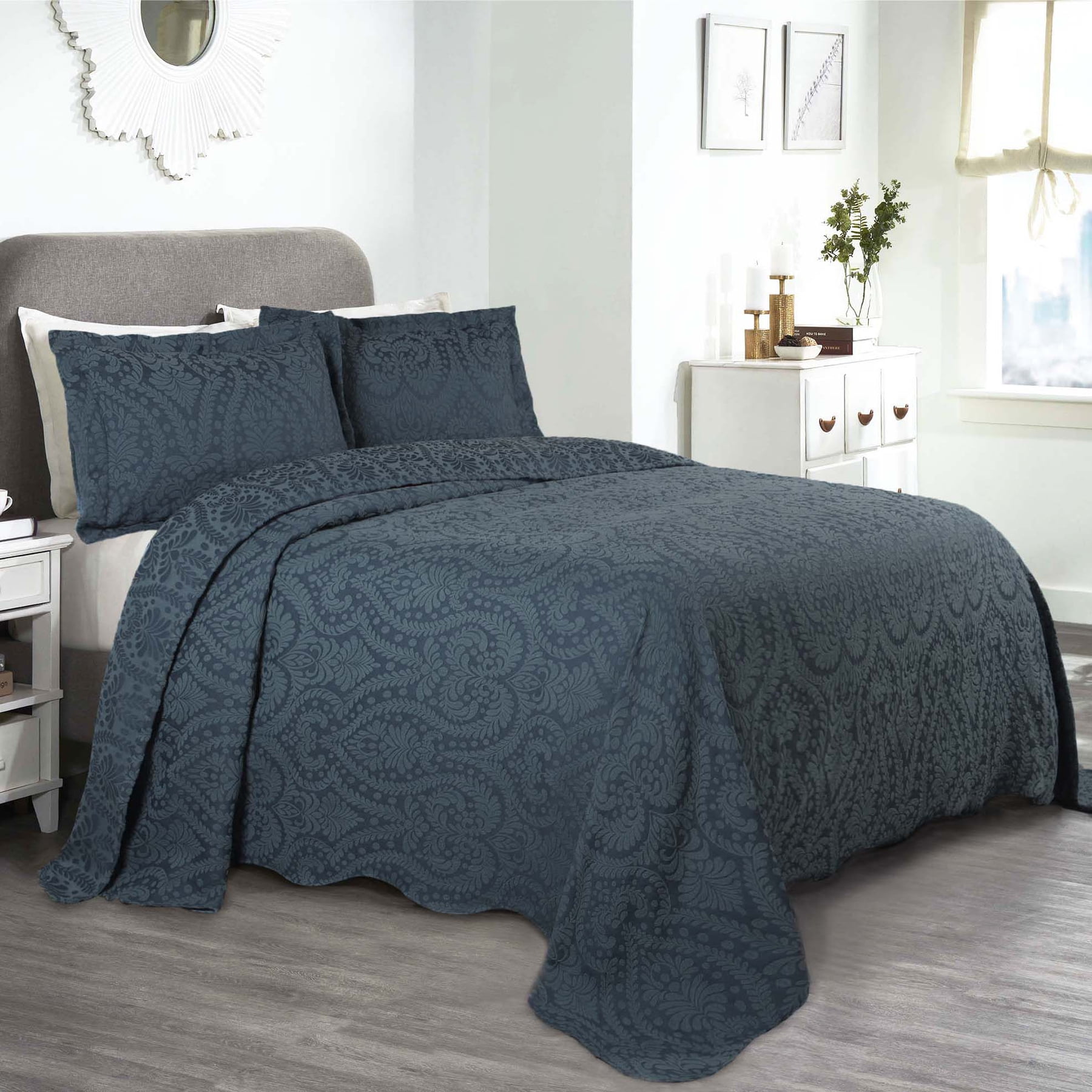 BNM 3 Piece Floral Cotton Blend Deep Sea Bedspread Set, King - Walmart.com