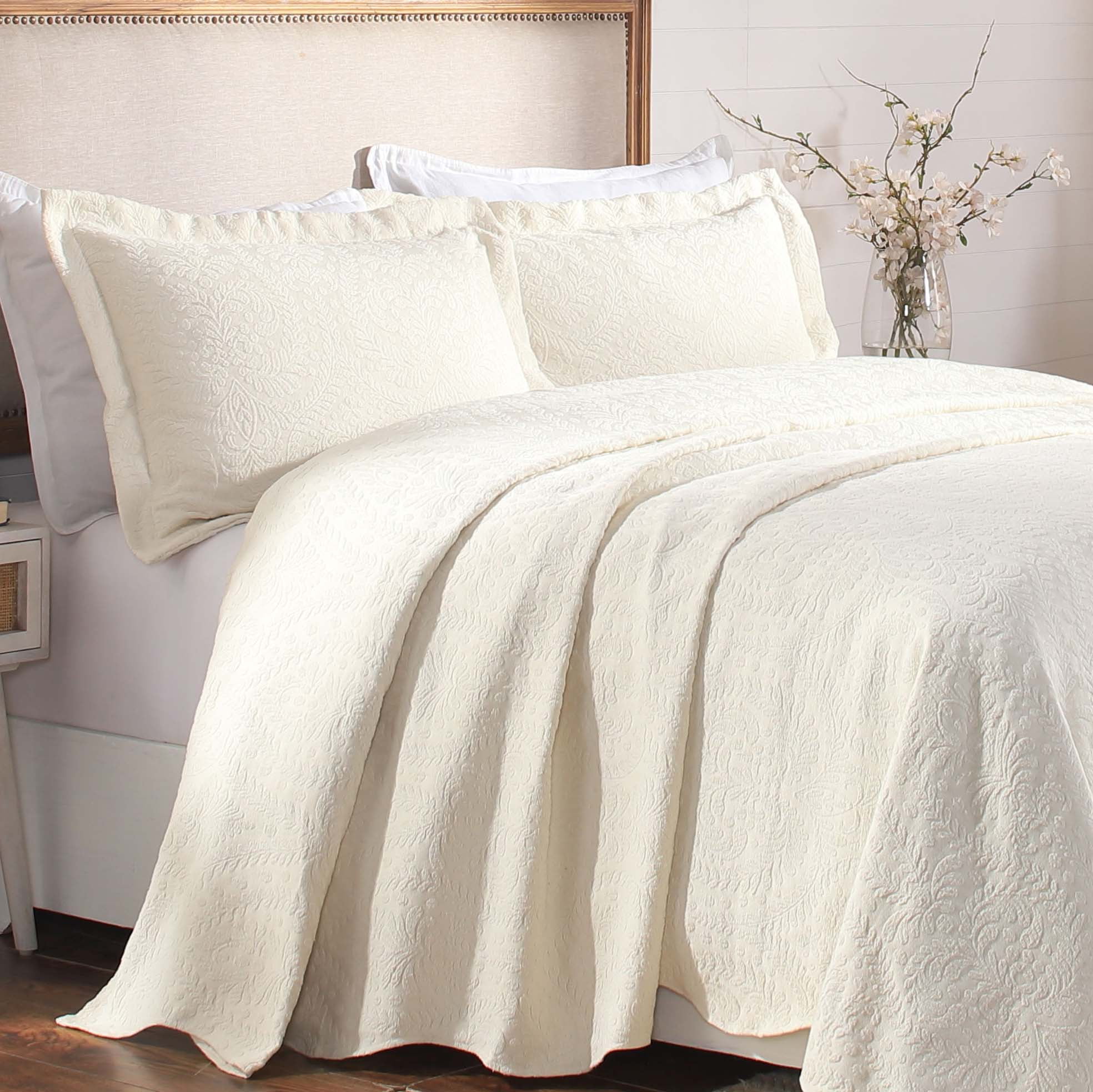 BNM 3 Piece Floral Cotton Blend Ivory Bedspread Set, King - Walmart.com