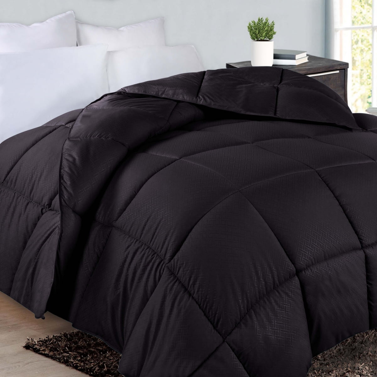 BNM Basketweave Plush Down Alternative Comforter, Full/ Queen, Black ...