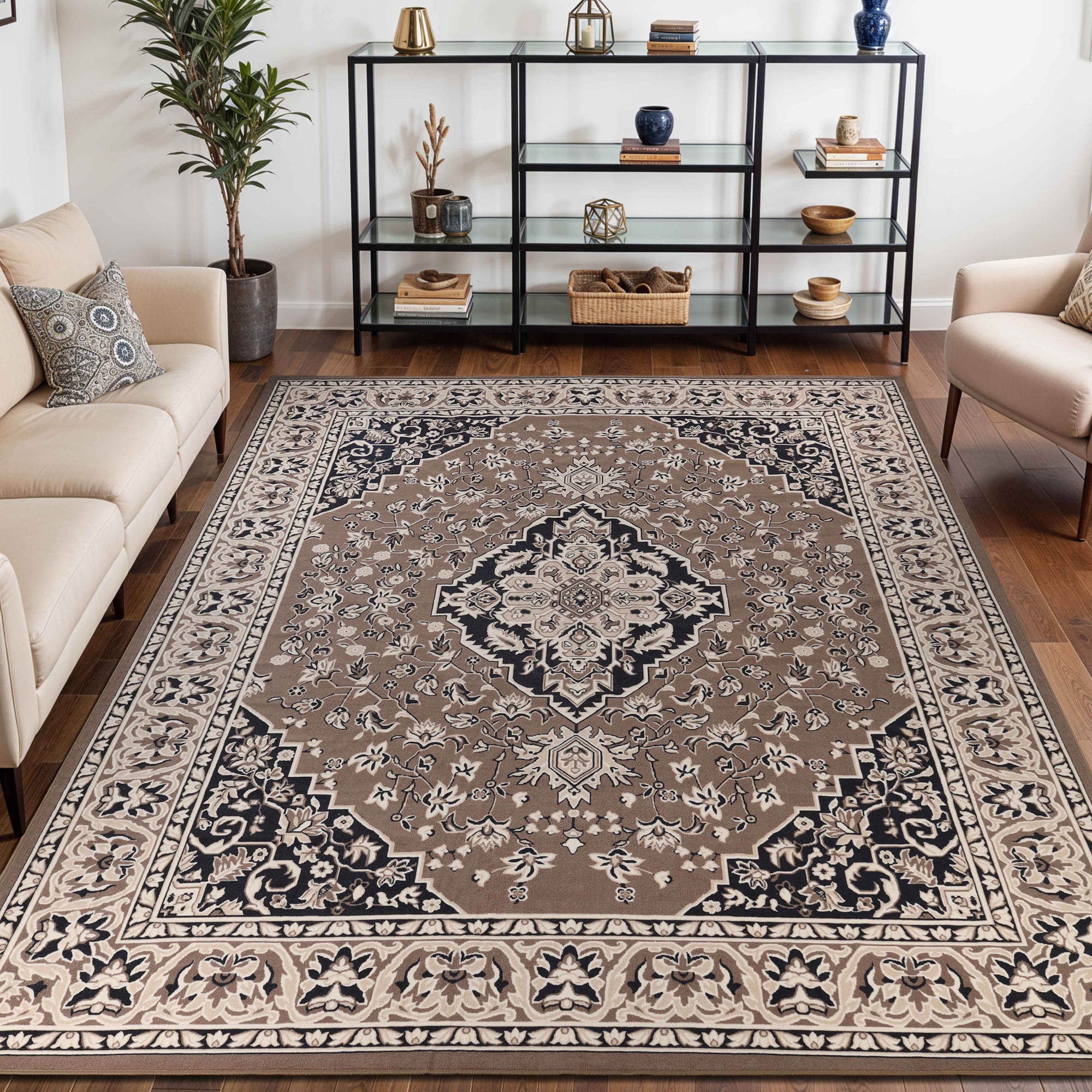 BNM Classic Floral Medallion Indoor Area Rug, 12' x 15', Brown ...