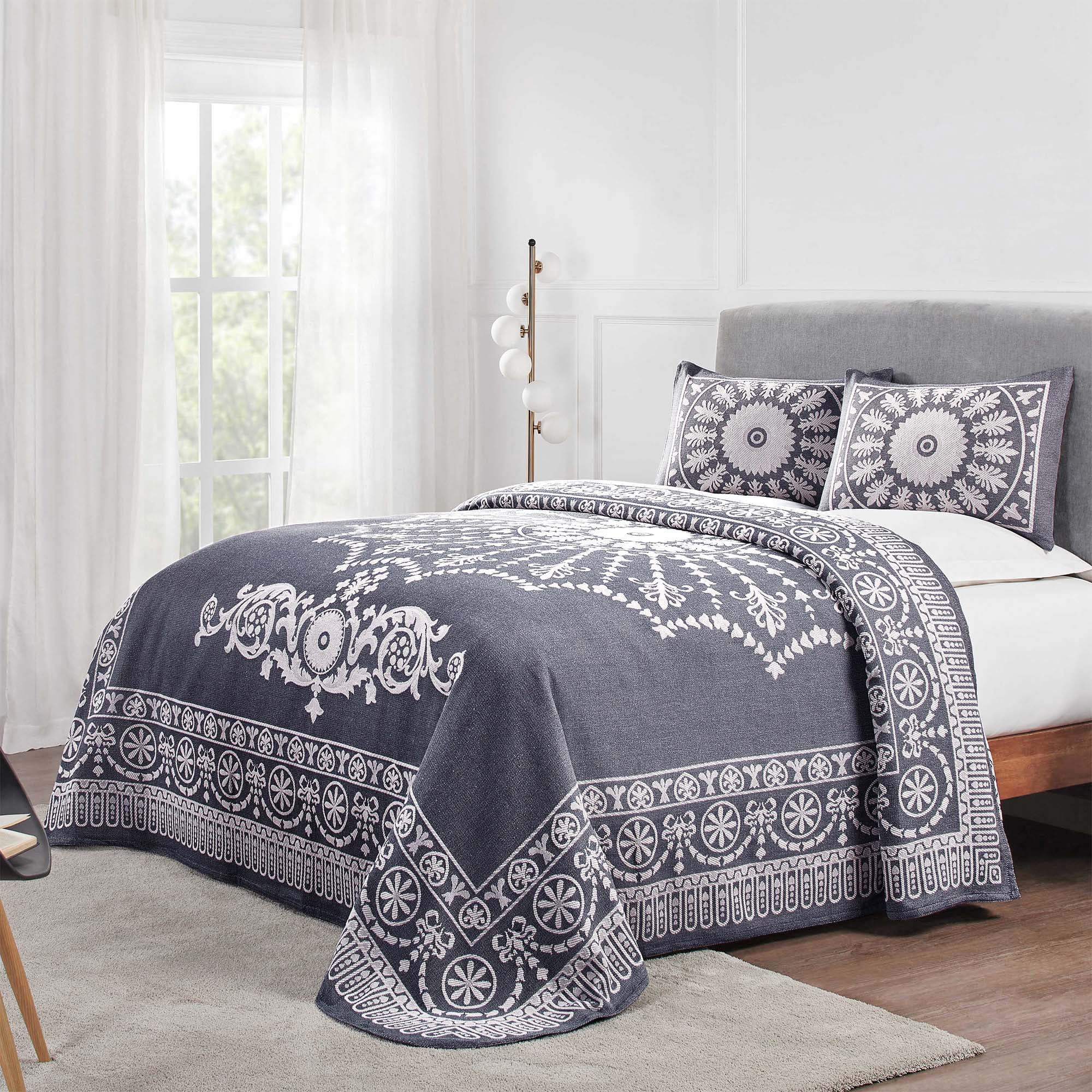 BNM Cotton Blend Classic Medallion Bedspread Set, Full, Denim Blue ...