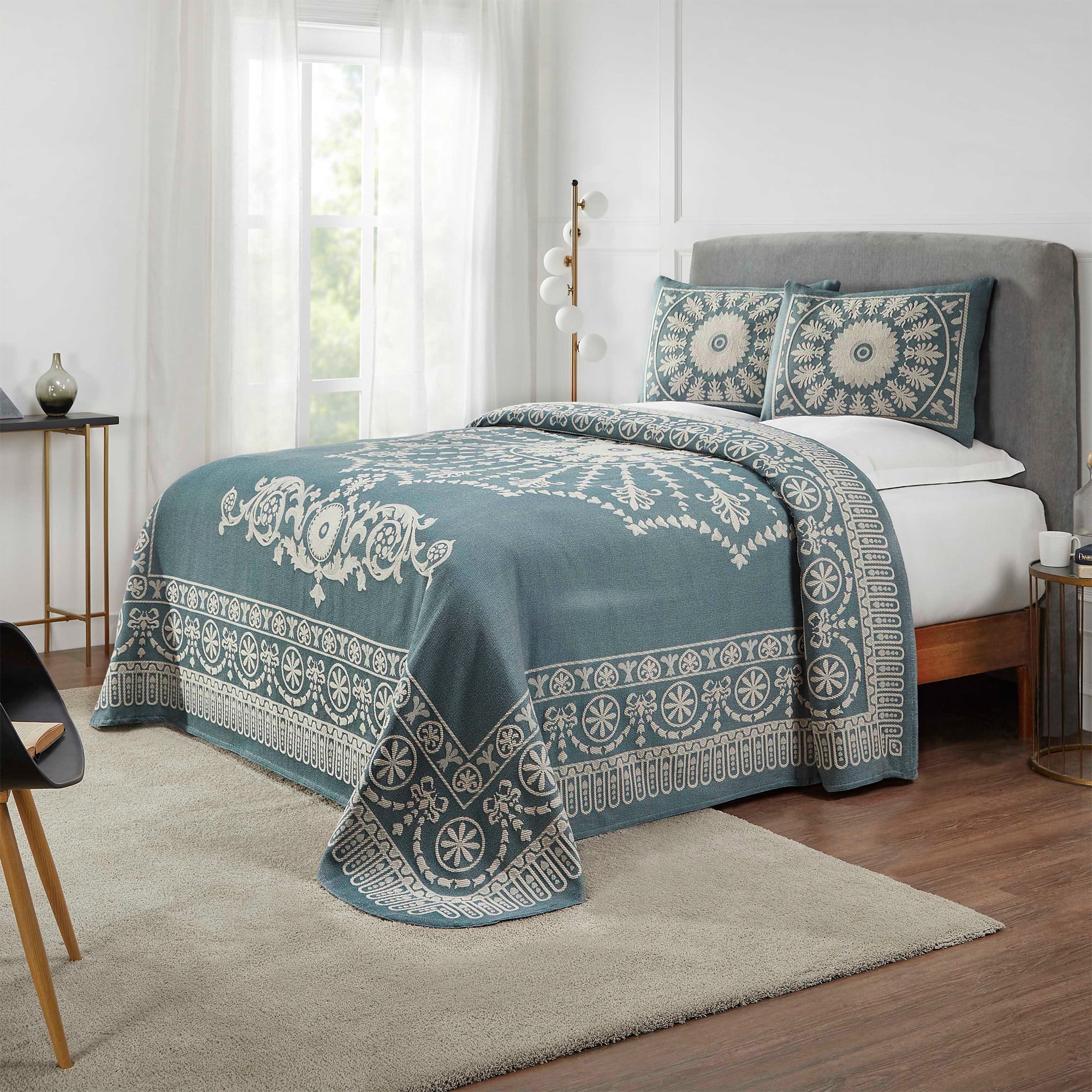 BNM Cotton Blend Classic Medallion Bedspread Set, King, Cerulean Blue ...
