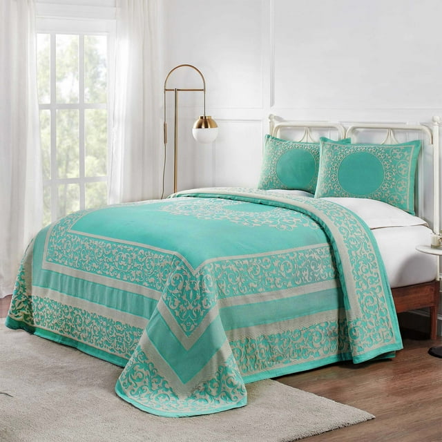 BNM Cotton Blend Floral Scroll Bedspread Set, Full, Turquoise - Walmart.com