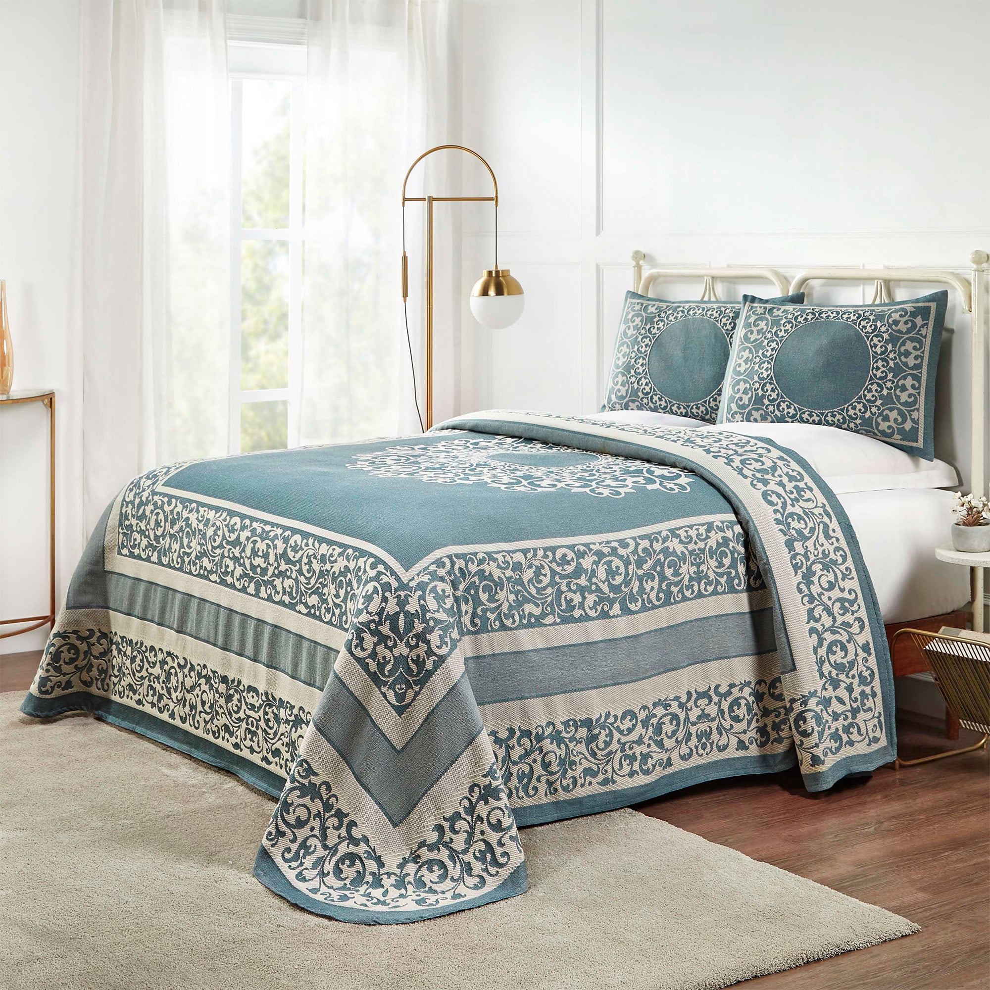 BNM Cotton Blend Floral Scroll Bedspread Set, Queen, Cerulean Blue ...