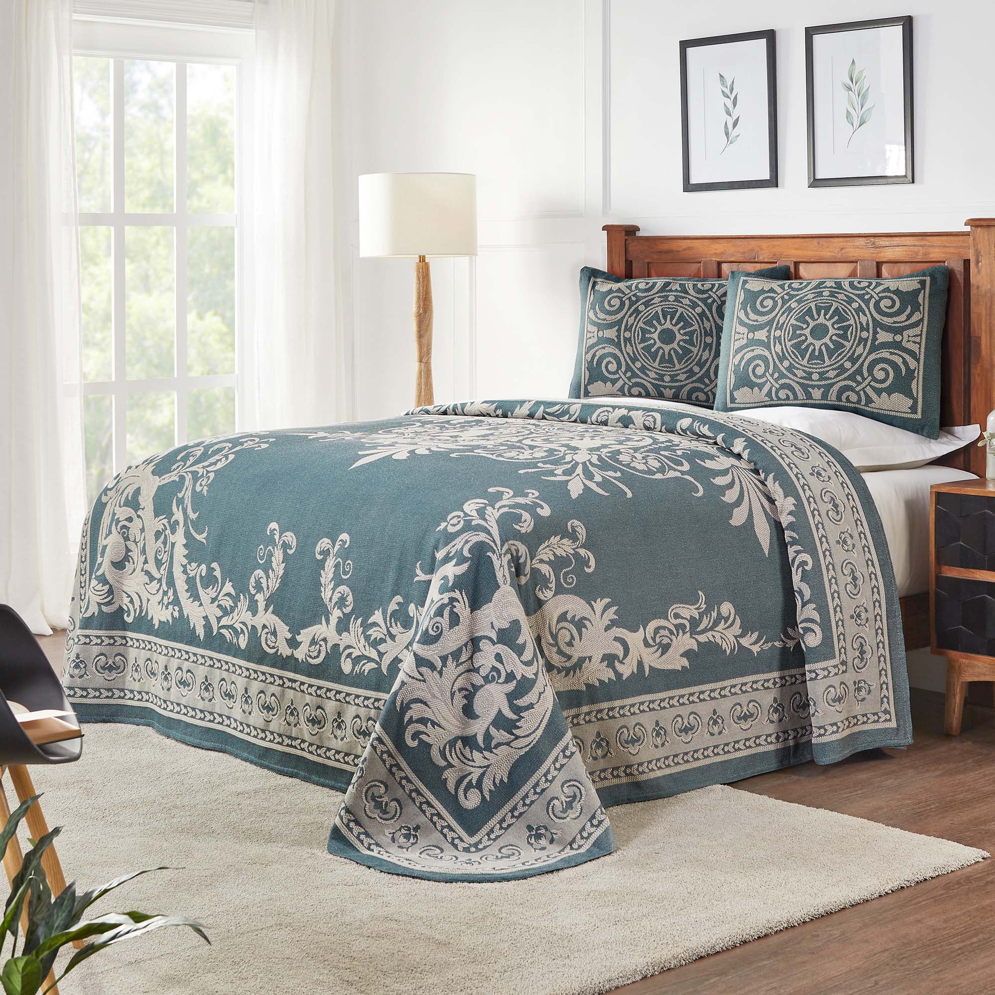 BNM Cotton Blend Vintage Medallion Bedspread Set, King, Cerulean Blue ...