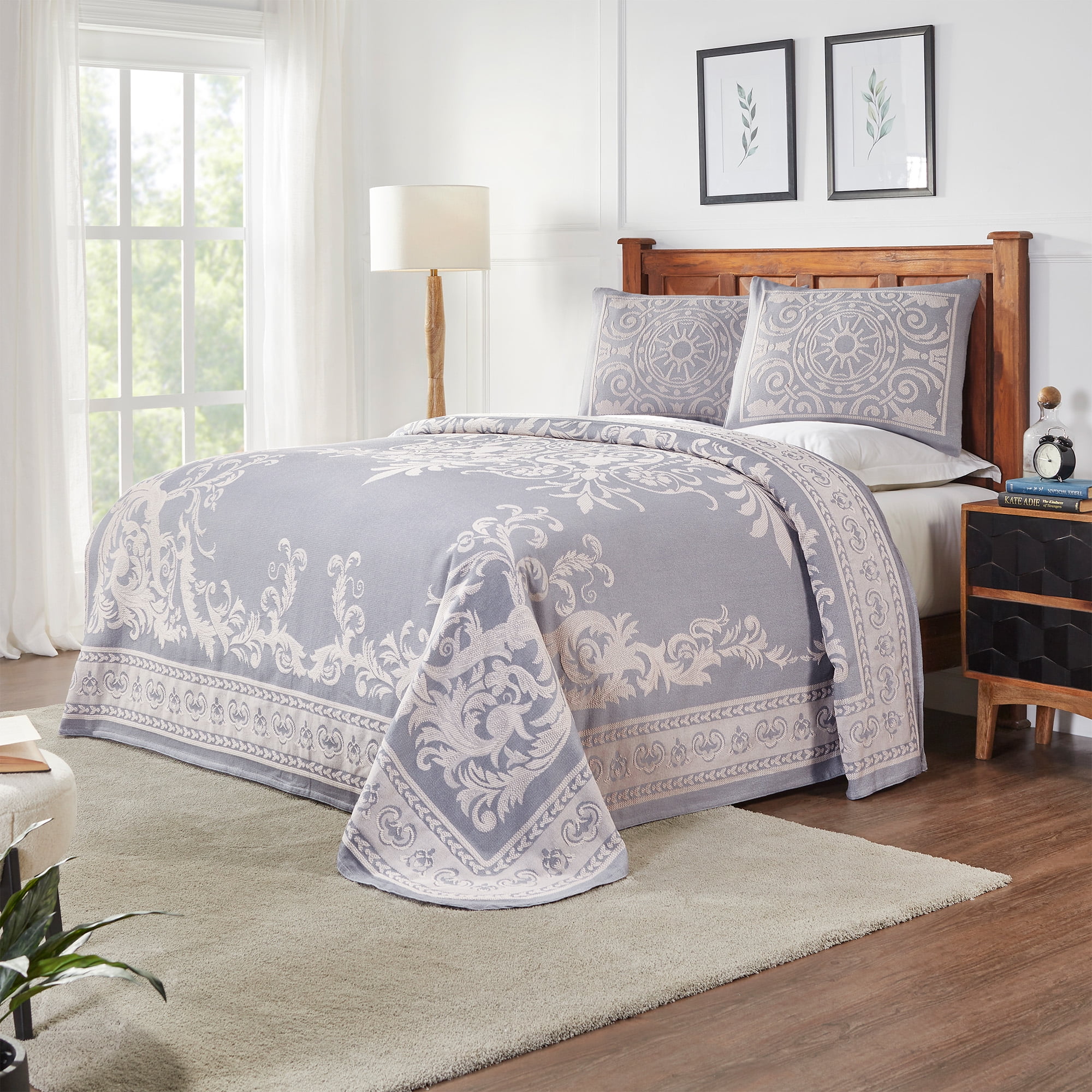 BNM Cotton Blend Vintage Medallion Bedspread Set, King, Slate Blue ...
