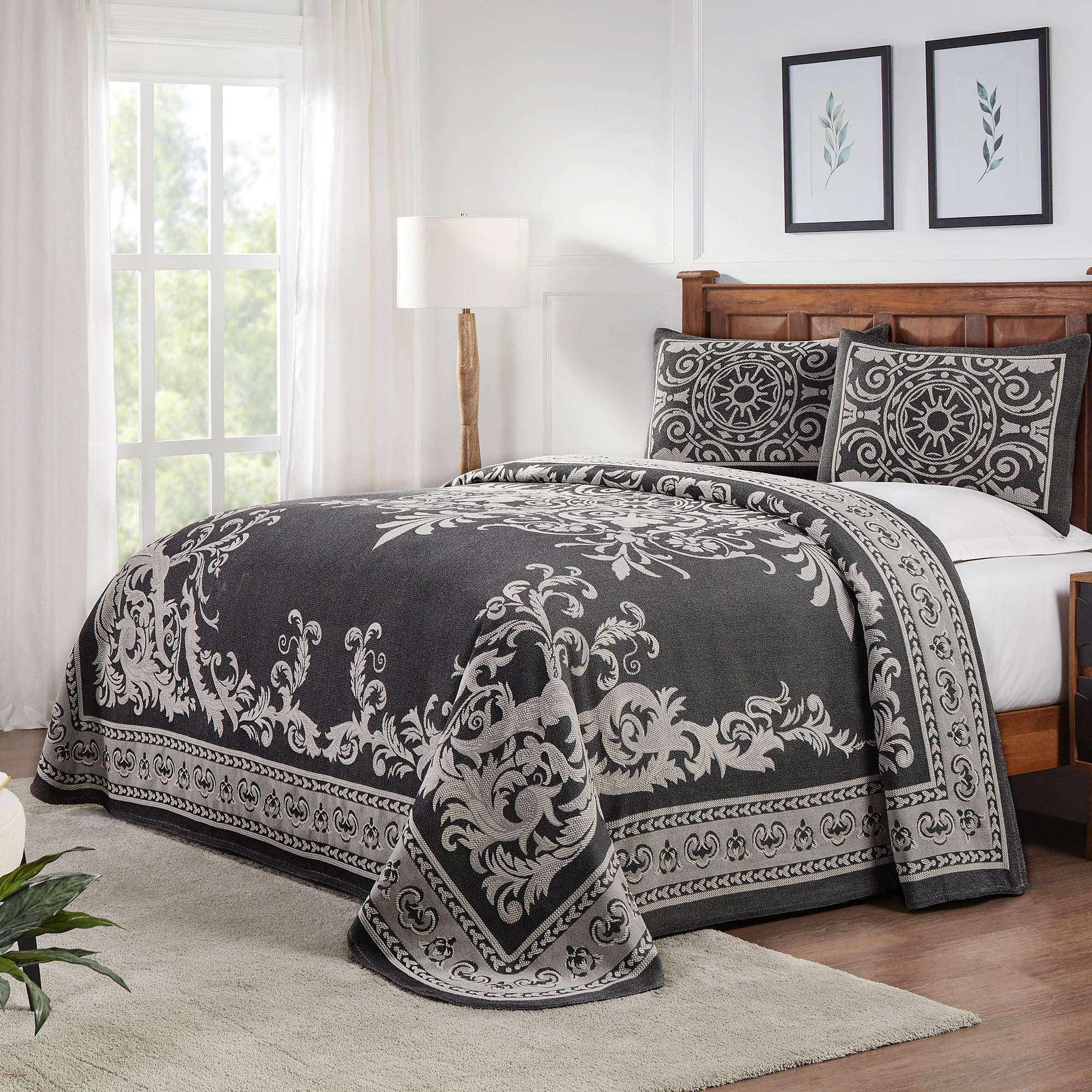BNM Cotton Blend Vintage Medallion Bedspread Set, Queen, Charcoal ...
