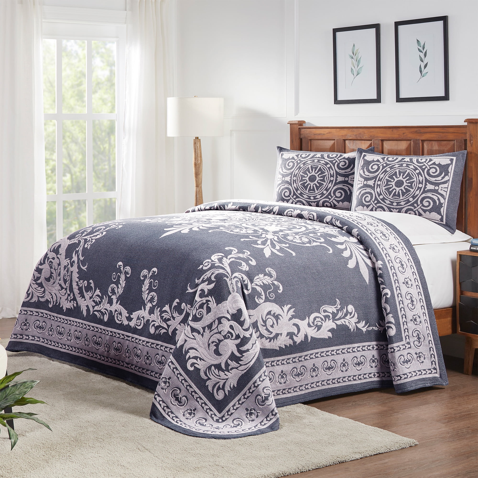 BNM Cotton Blend Vintage Medallion Bedspread Set, Twin, Denim Blue ...