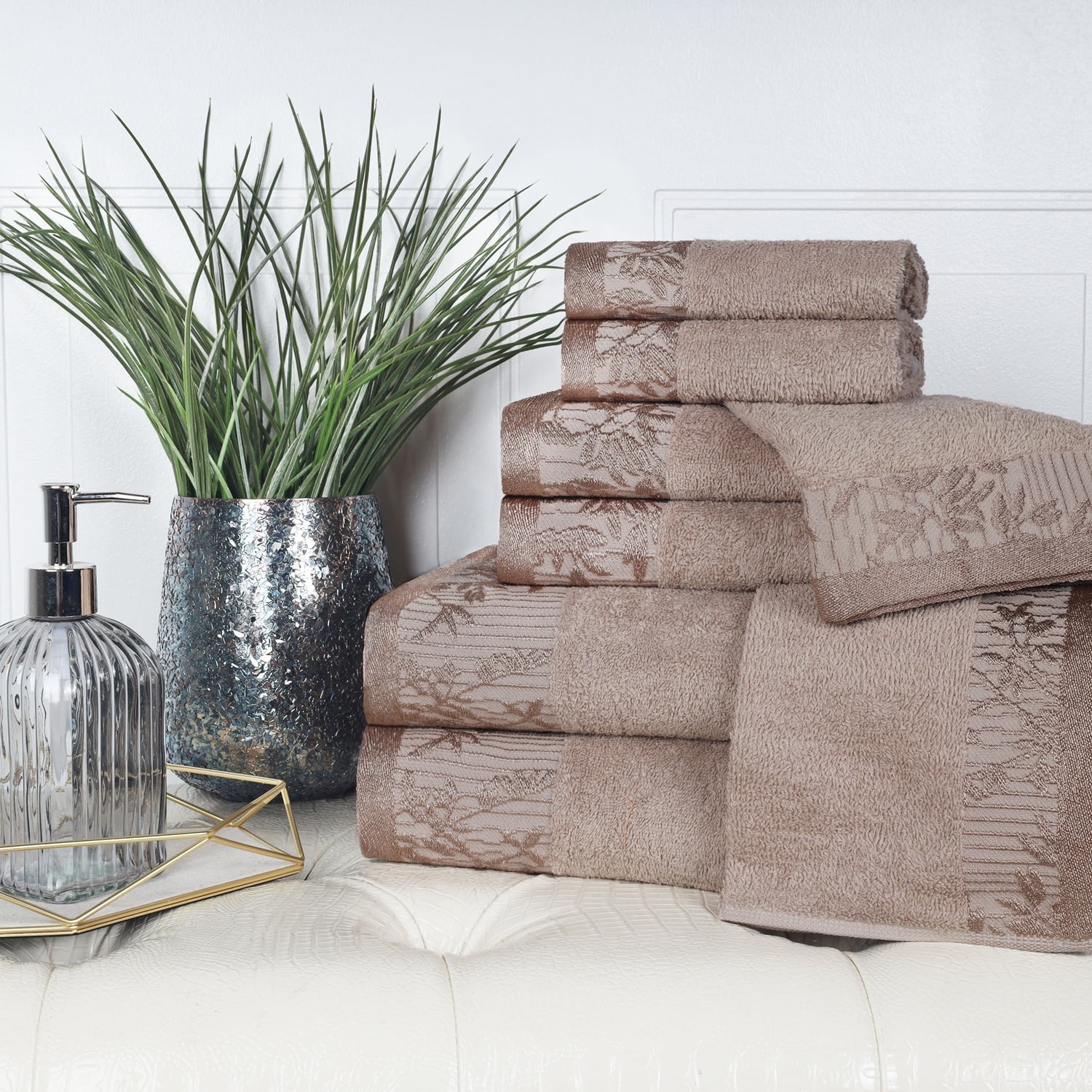 BNM Cotton Floral Border 8 Piece Assorted Towel Set, Frappe - Walmart.com