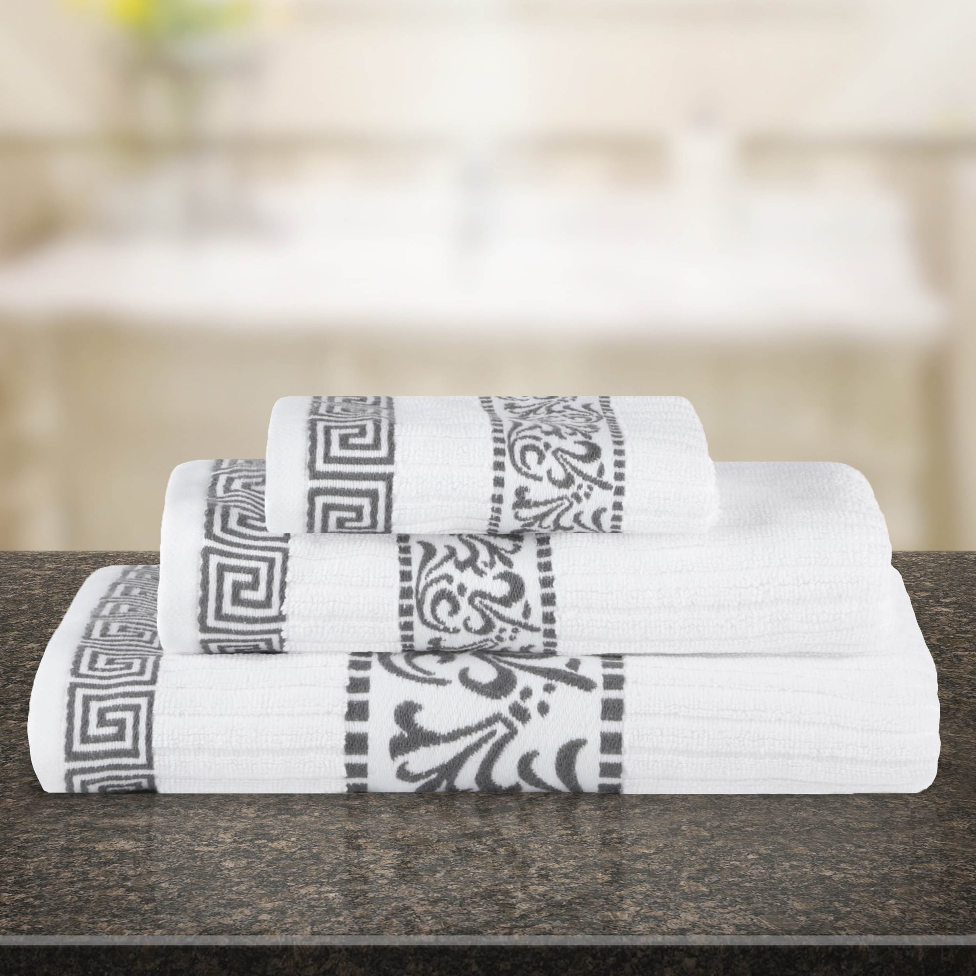 BNM Cotton Greek Scroll 3 Piece Towel Set, White/Gray - Walmart.com
