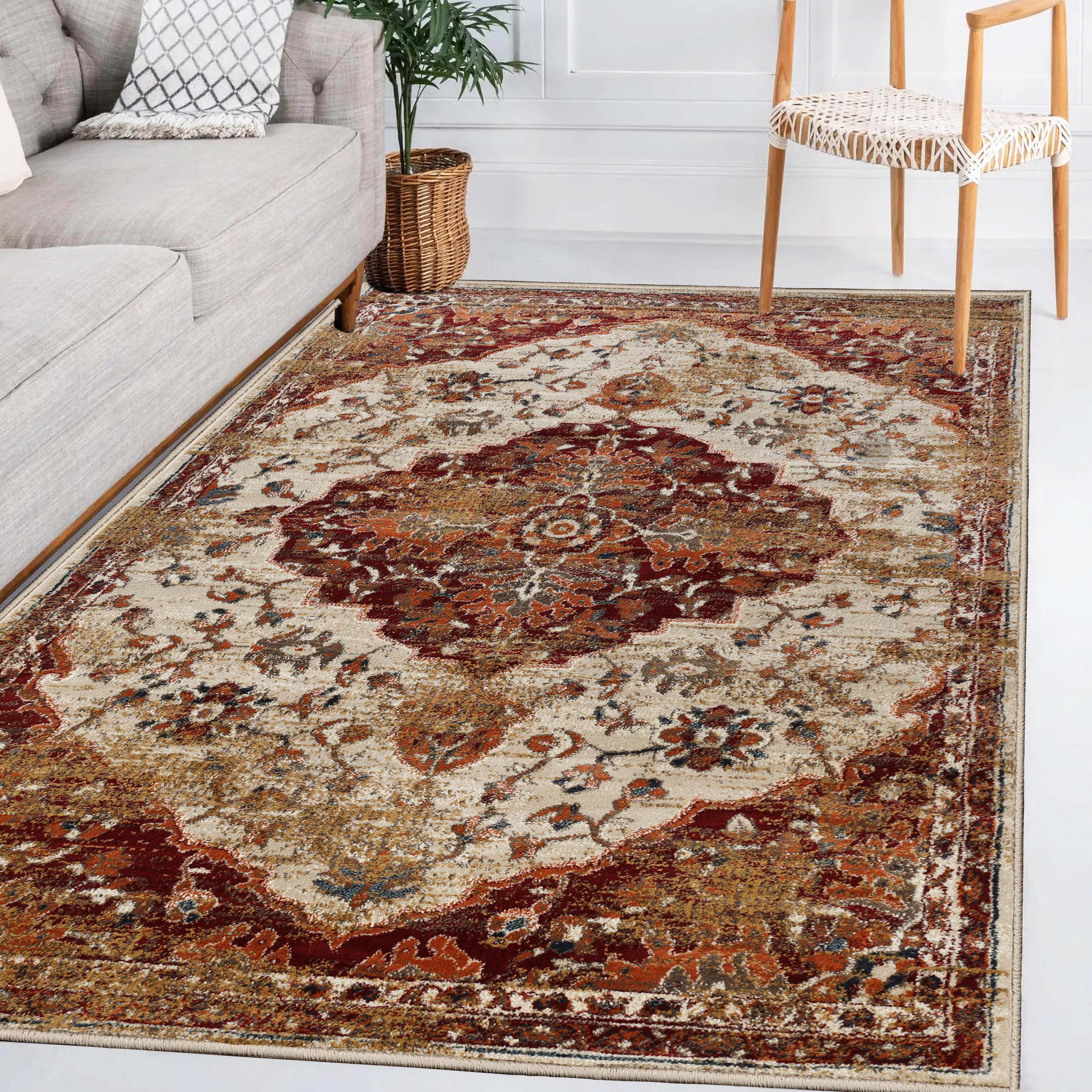 BNM Floral Medallion Border Indoor Area Rug, 5' x 8', Rust/ Cream ...