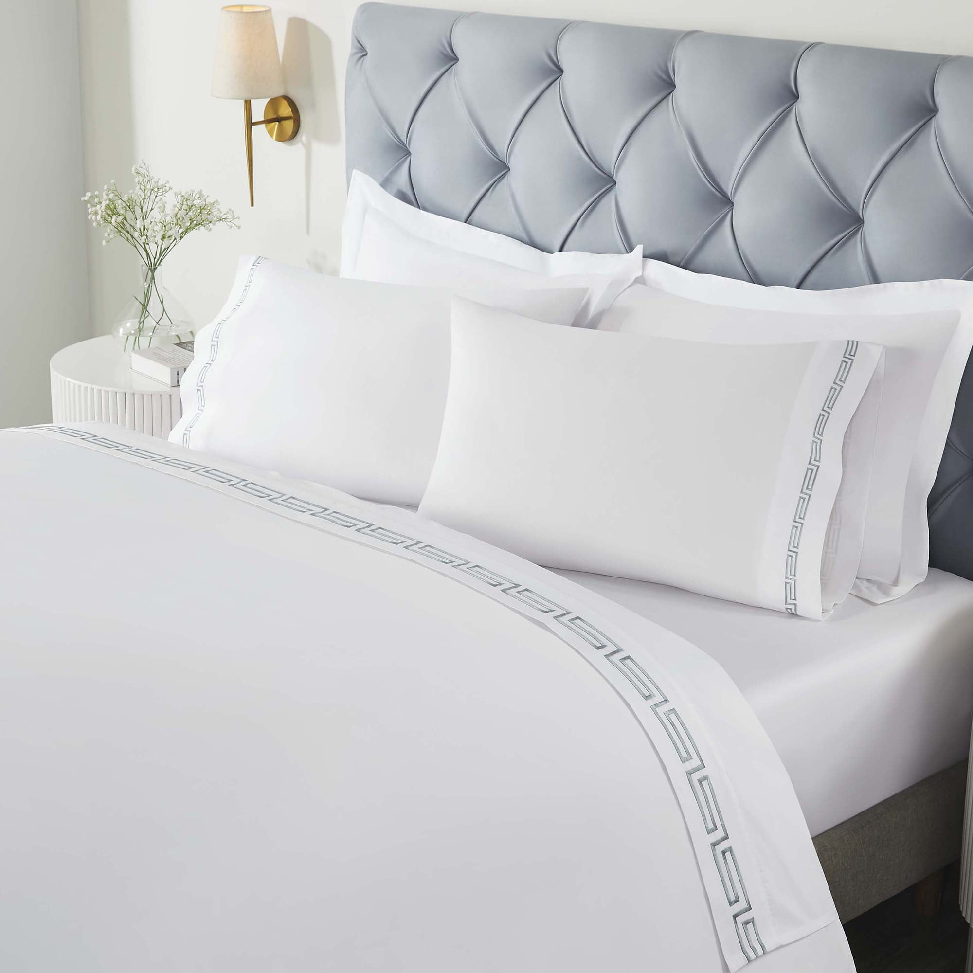 BNM Greek Key Embroidered Cotton Bed Sheet Set, Queen, White/Silver ...
