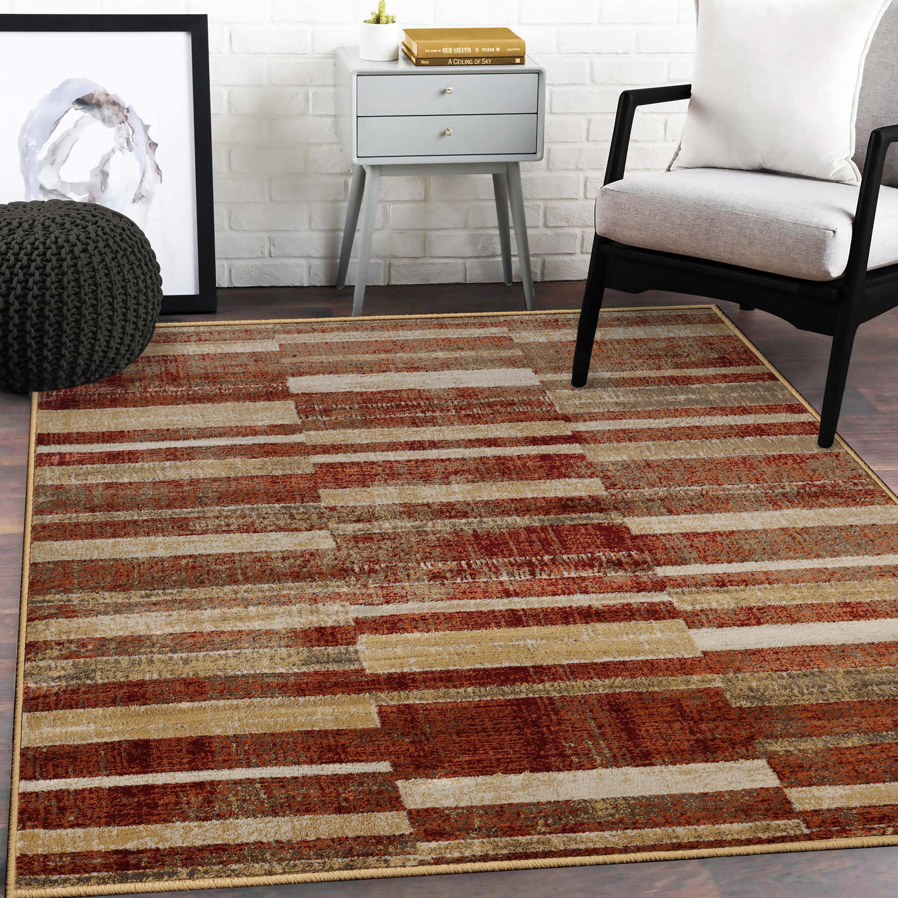 BNM Modern Farmhouse Wide Striped Indoor Area Rug, 5' x 8', Rust/ Cream ...