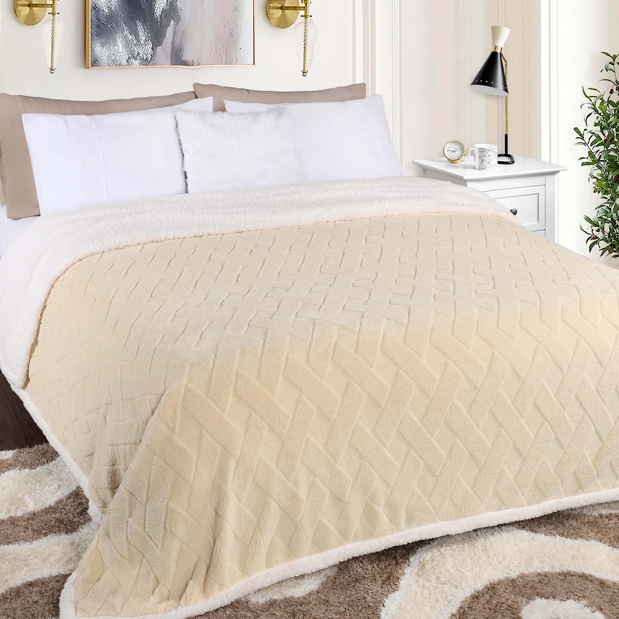 BNM Fleece Sherpa Reversible Lattice Blanket, Throw, Cream - Walmart.com