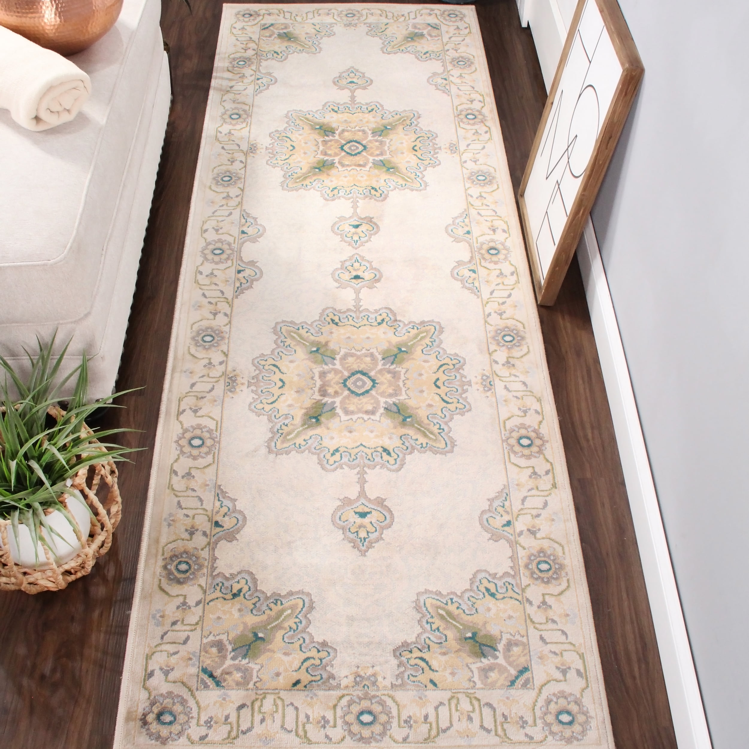BNM Traditional Medallion Indoor Runner Rug, 2' 7" x 8', Beige ...