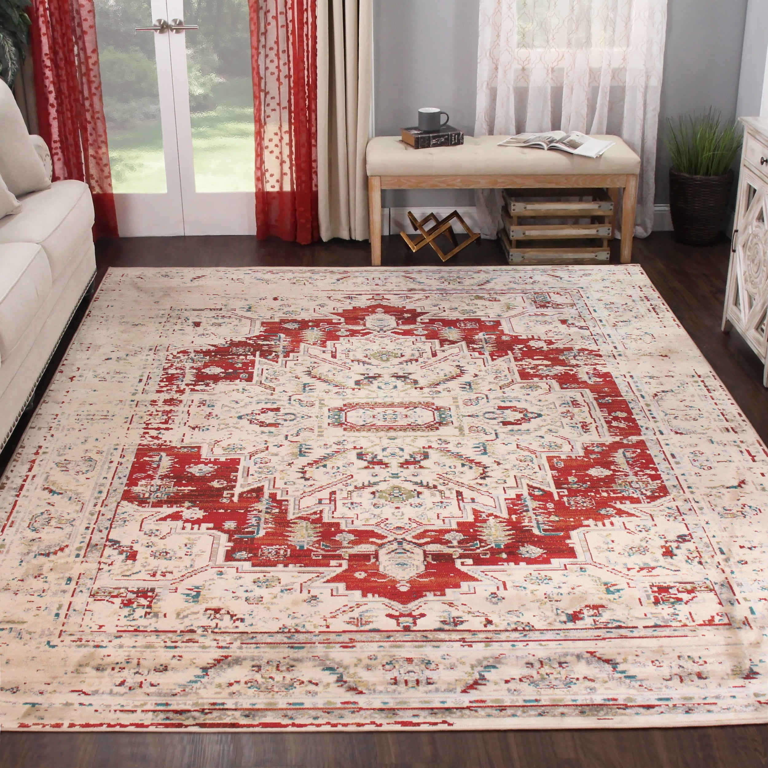 BNM Vintage Medallion Indoor Area Rug, 8' x 10', Red, 100% ...