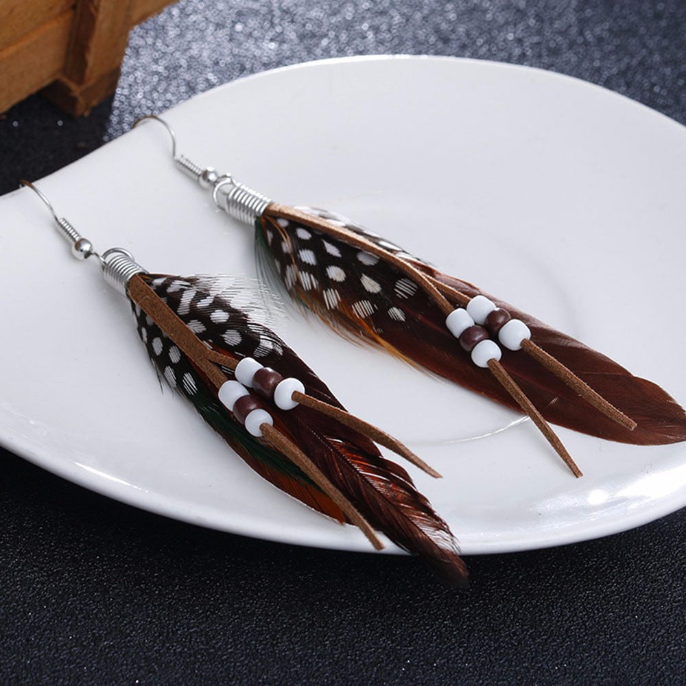 BNNG Boho Style Bead Tassel Feather Earrings Fashion Feather Chain ...