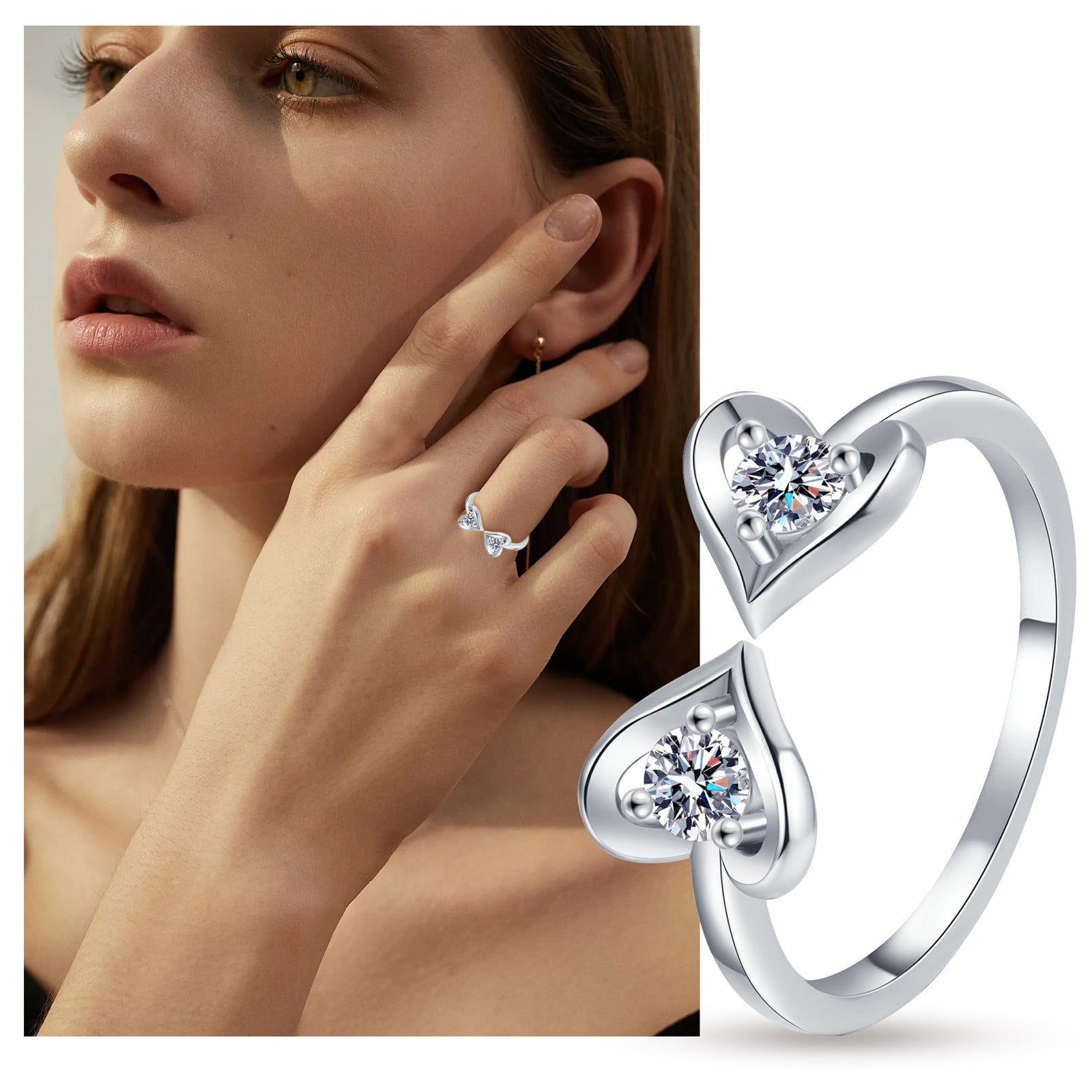 BNNG Double Heart Eternal Ring Bezel Set Round Diamond Encrusted Zircon ...