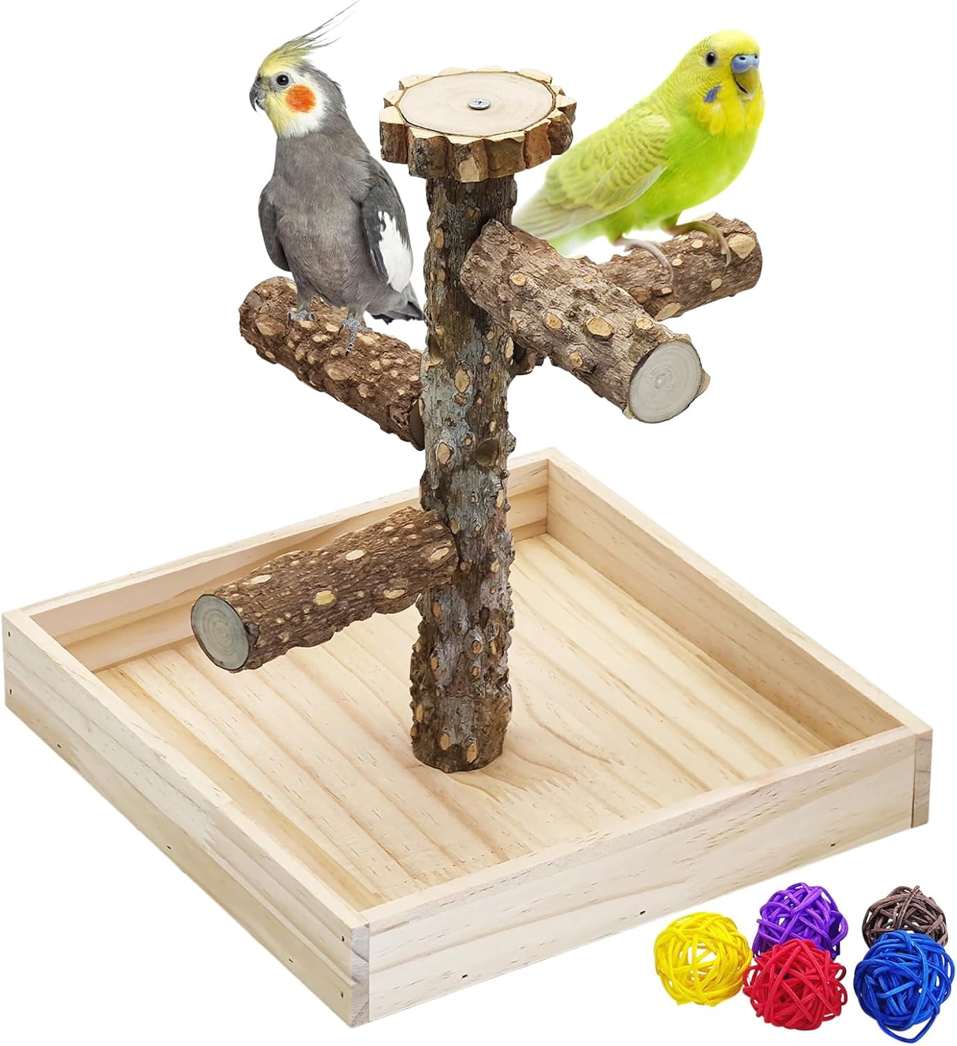 BNOSDM Portable Bird Perch Stand with Potty Tray, Natural Wood Tabletop ...